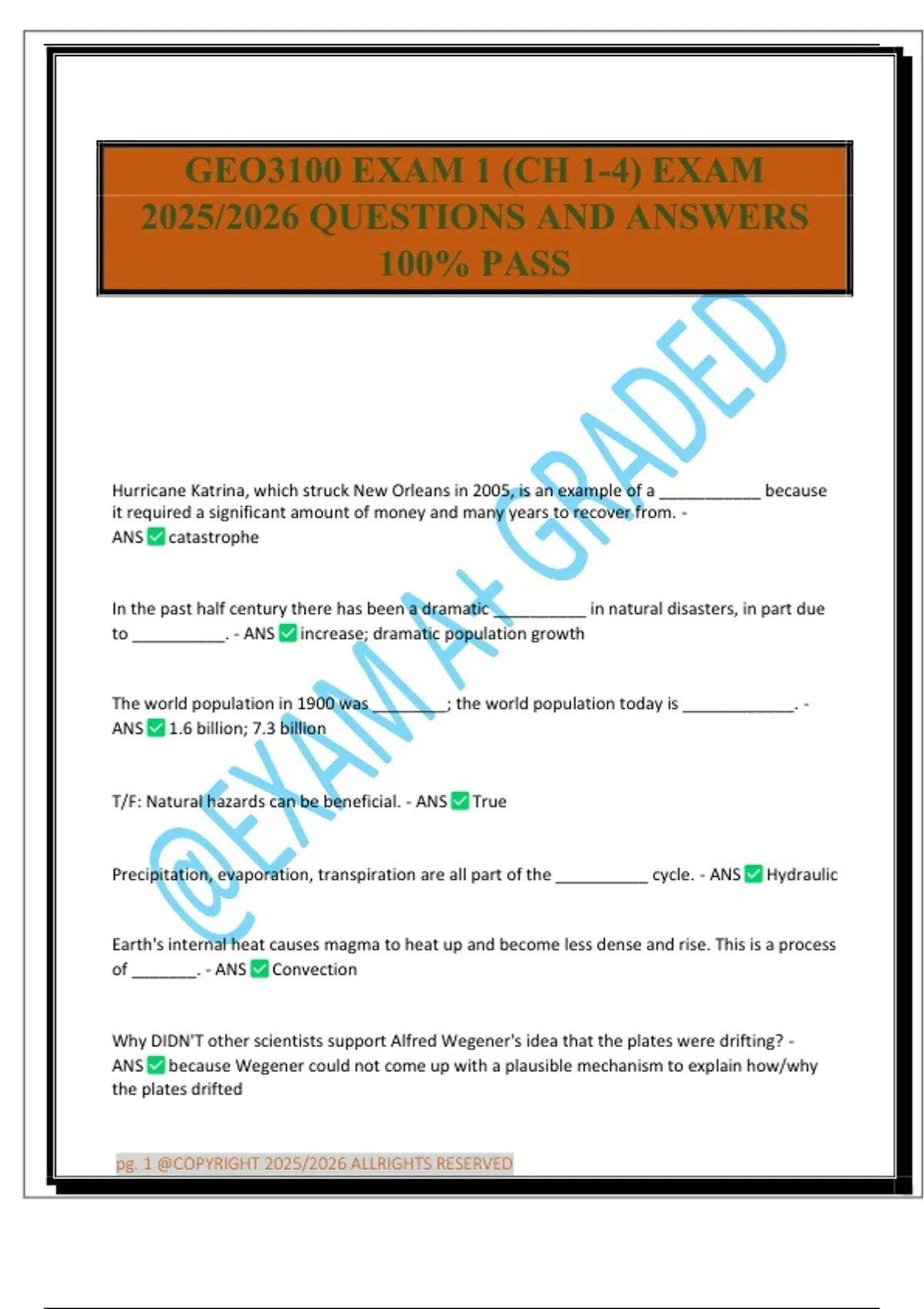 GEO3100 EXAM 1 (CH 1-4) EXAM 2025/2026 QUESTIONS AND ANSWERS 100% PASS ...