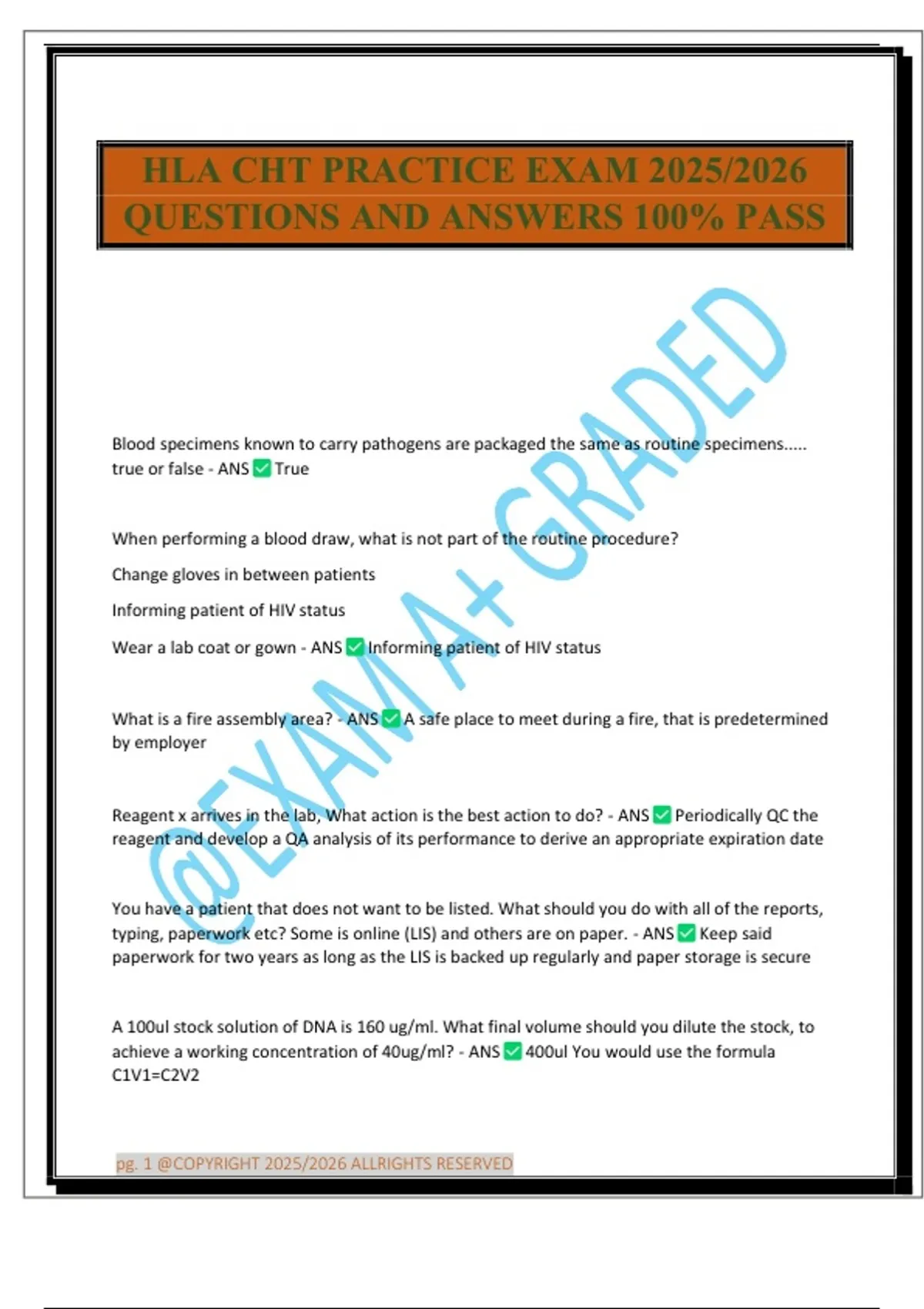 HLA CHT PRACTICE EXAM 2025/2026 QUESTIONS AND ANSWERS 100% PASS - HLA ...