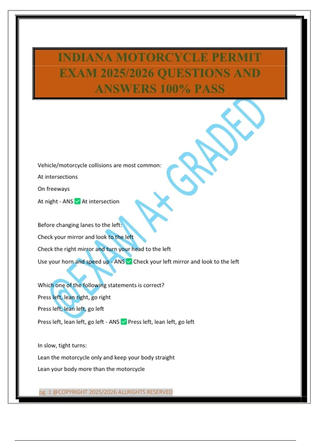INDIANA MOTORCYCLE PERMIT EXAM 2025/2026 QUESTIONS AND ANSWERS 100% ...
