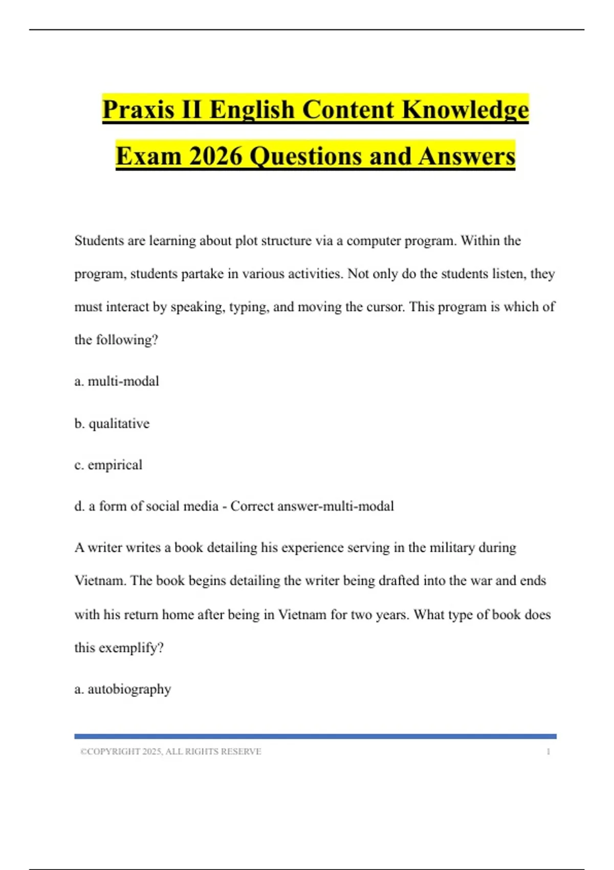 Praxis II English Content Knowledge Exam 2026 Questions and Answers ...