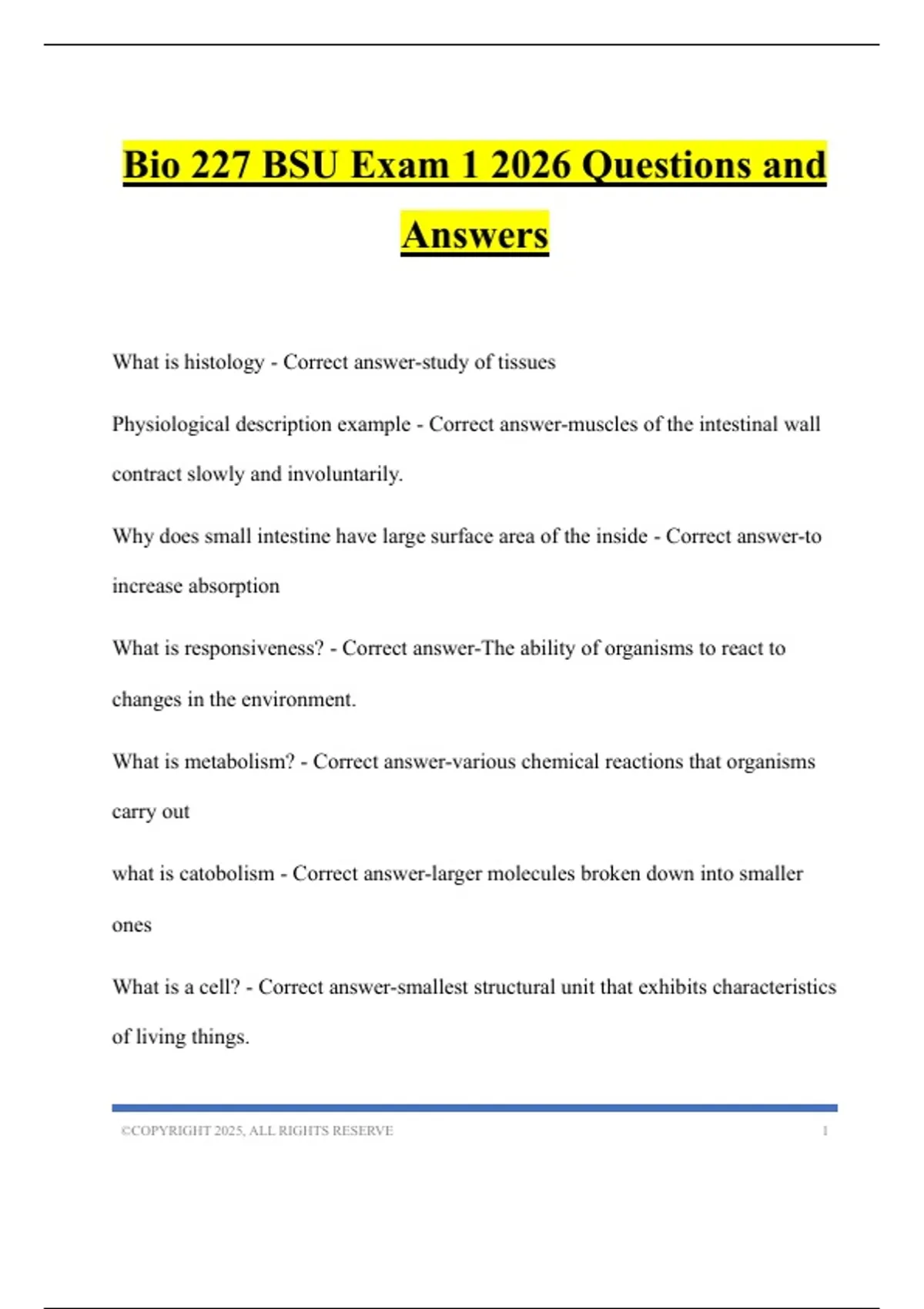 Bio 227 BSU Exam 1 2026 Questions and Answers - Biology 100 UNLV ...