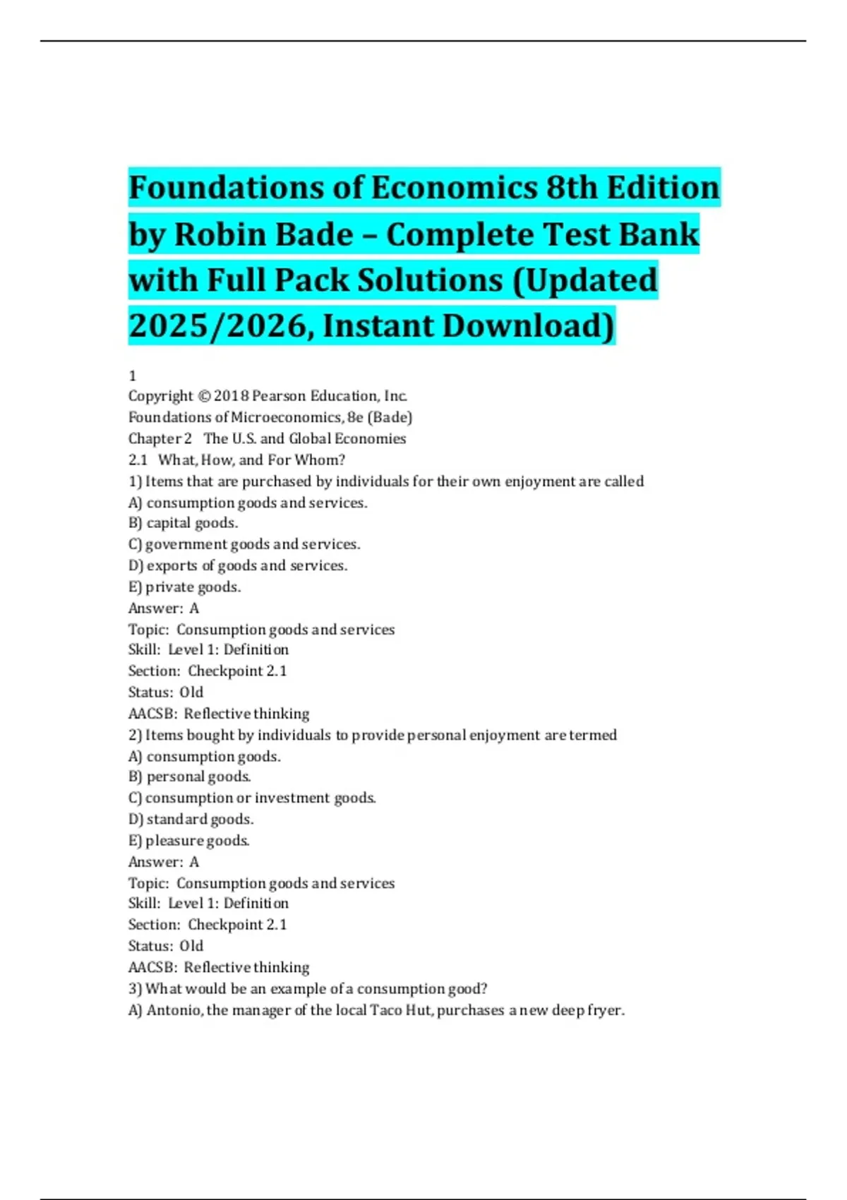 Foundations of Economics 8th Edition by Robin Bade – Complete Test Bank ...