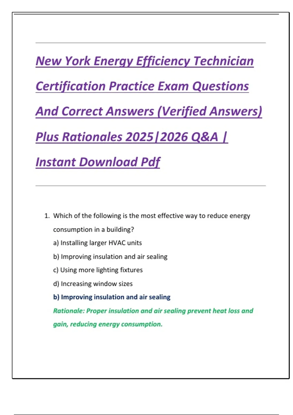 New York Energy Efficiency Technician Certification Practice Exam ...