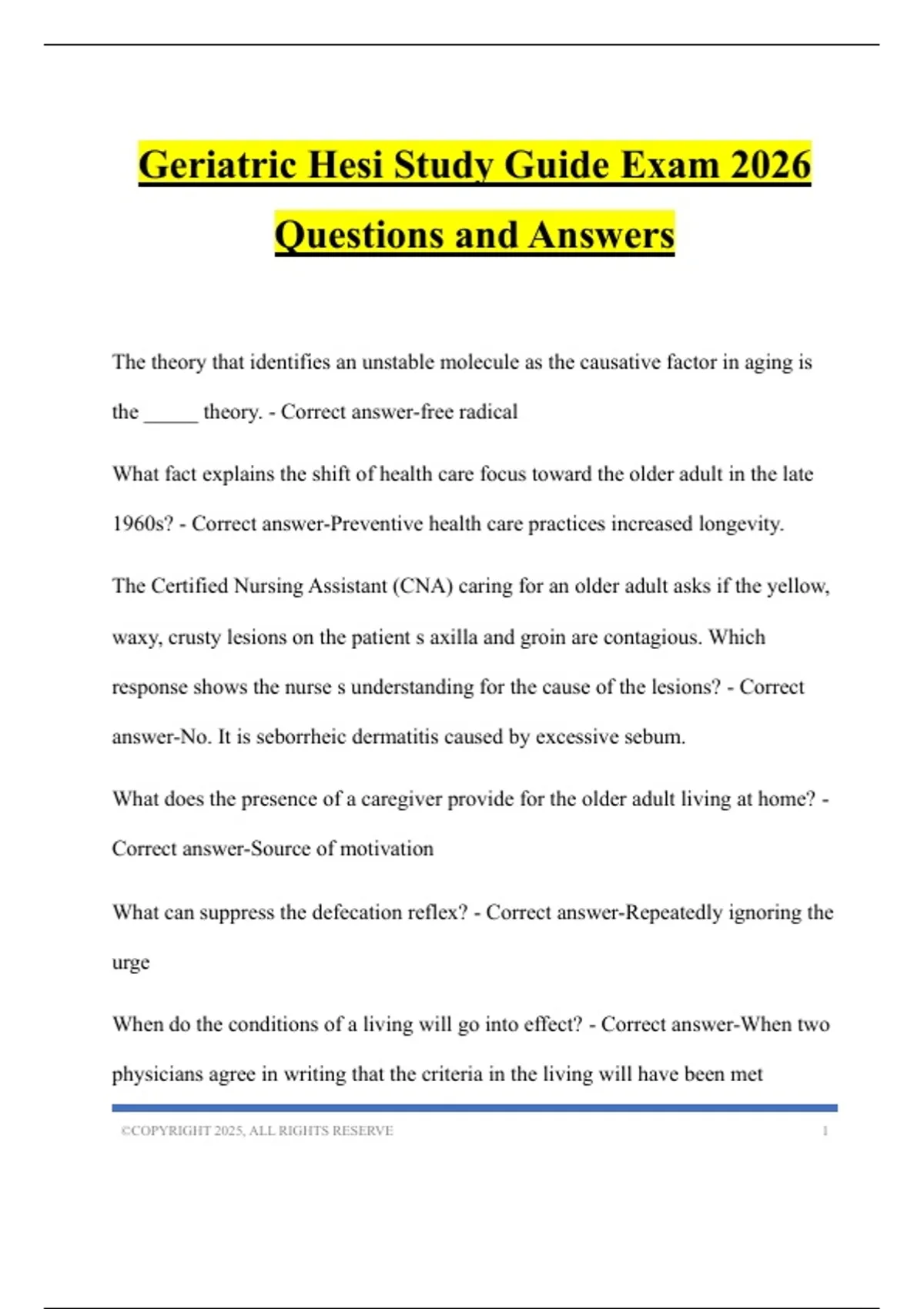 Geriatric Hesi Study Guide Exam 2026 Questions and Answers - HESI PN ...