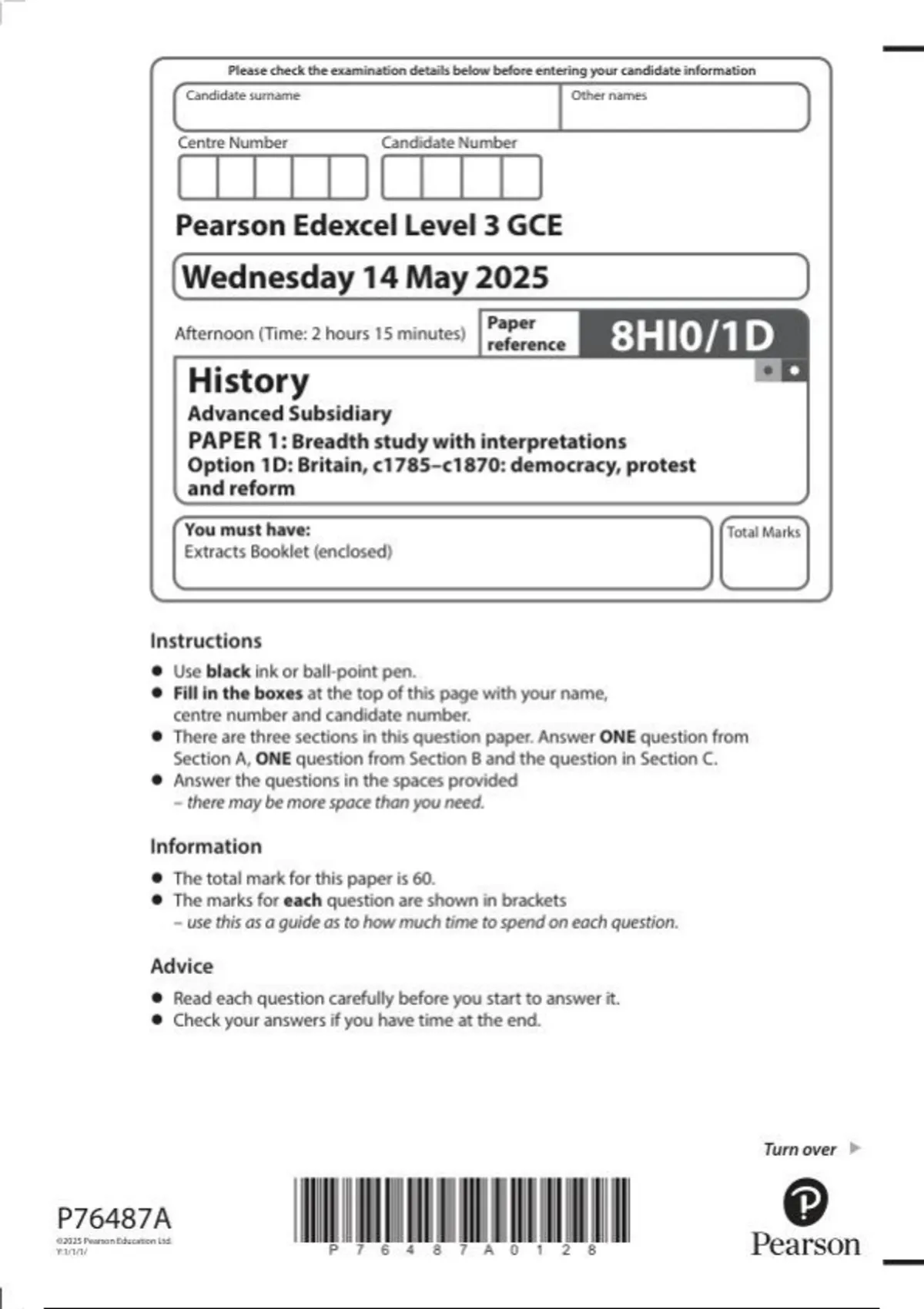 Pearson Edexcel Level 3 GCE History Advanced Subsidiary 8HI0/1D PAPER 1 ...
