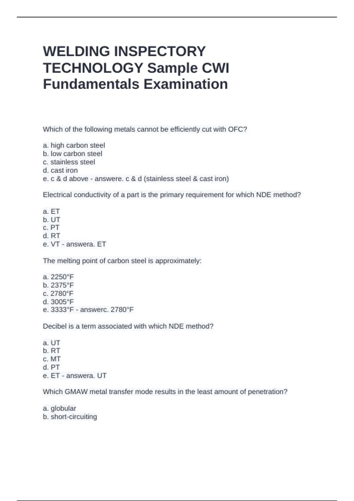 WELDING INSPECTORY TECHNOLOGY Sample CWI Fundamentals Examination ...