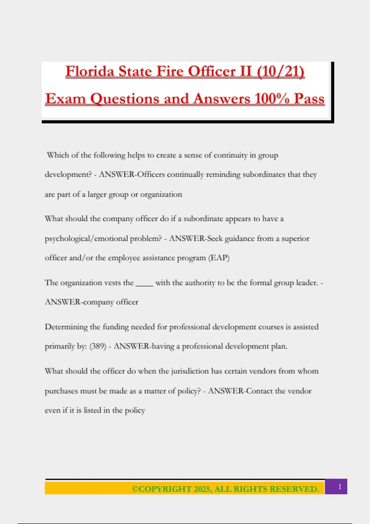 Florida State Fire Officer II (10/21) Exam Questions and Answers 100% ...