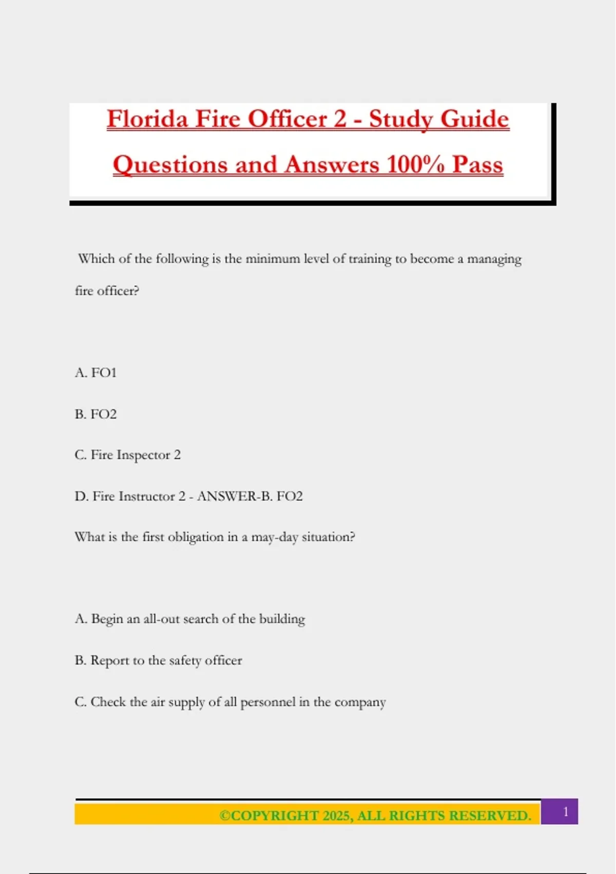 Florida Fire Officer 2 - Study Guide Questions and Answers 100% Pass ...
