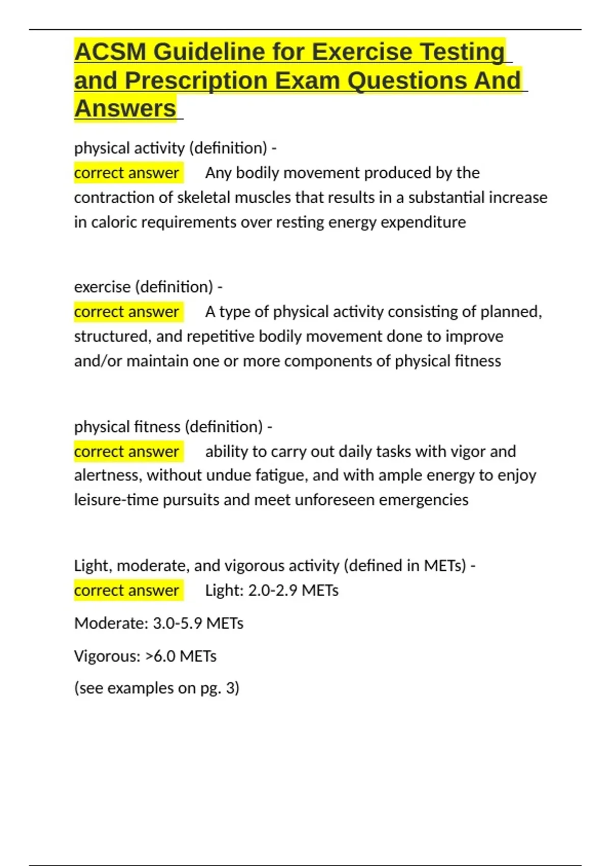 ACSM Guideline for Exercise Testing and Prescription Exam Questions And ...