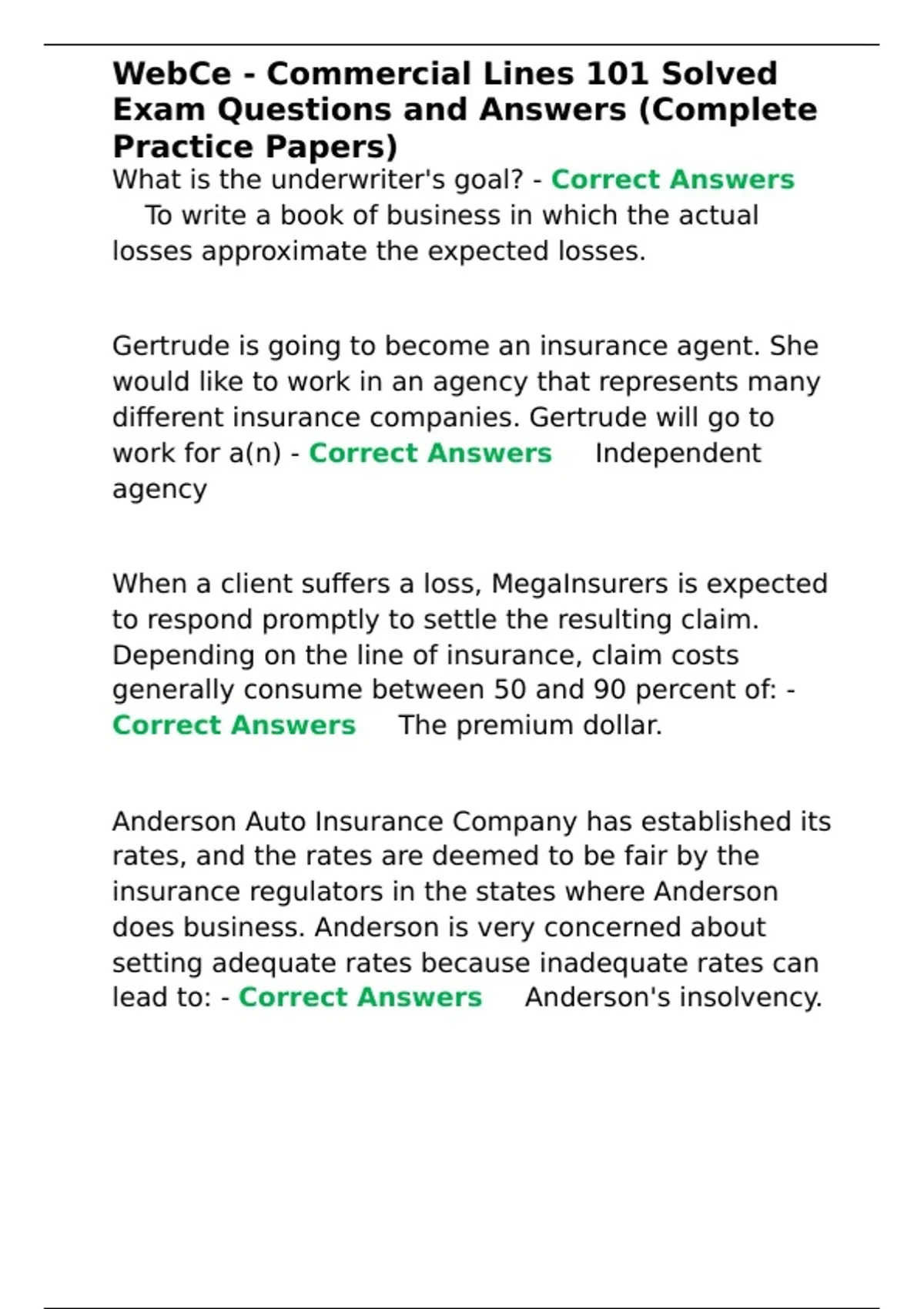 WebCe - Commercial Lines 101 Solved Exam Questions and Answers ...