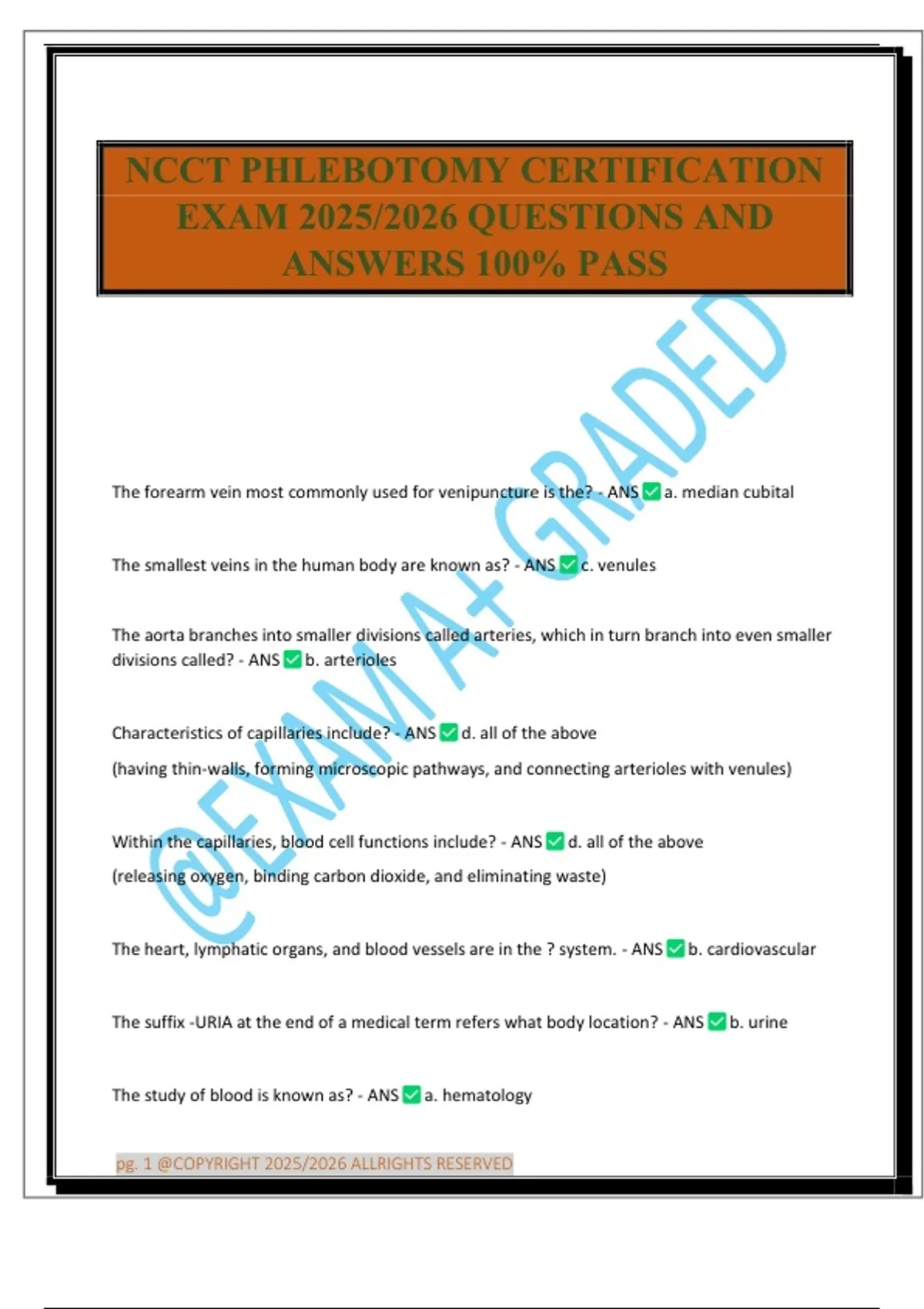 NCCT PHLEBOTOMY CERTIFICATION EXAM 2025/2026 QUESTIONS AND ANSWERS 100% ...