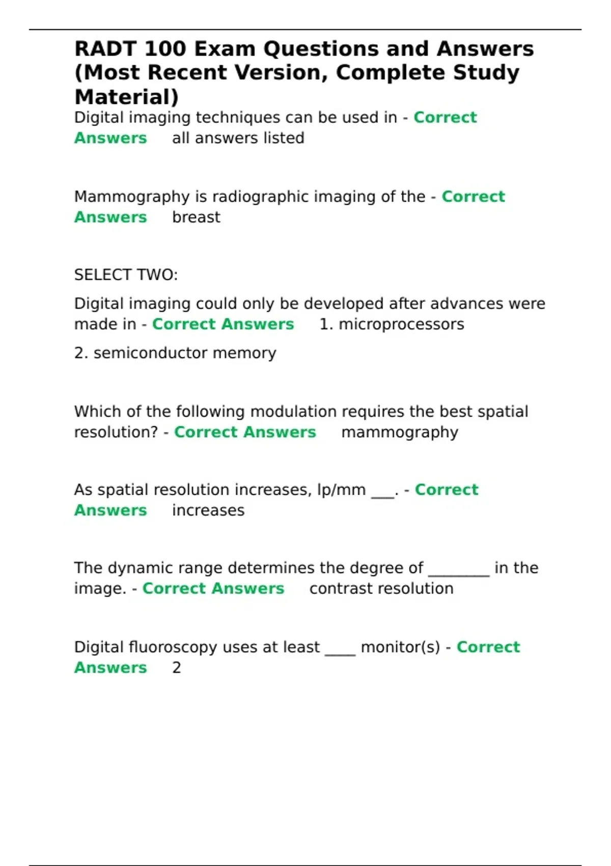 RADT 100 Exam Questions and Answers (Most Recent Version, Complete ...