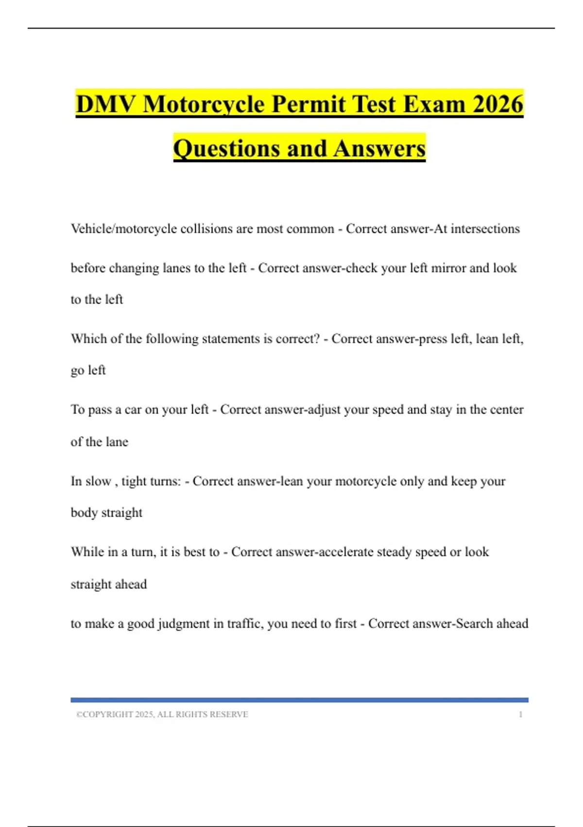 DMV Motorcycle Permit Test Exam 2026 Questions and Answers - California ...