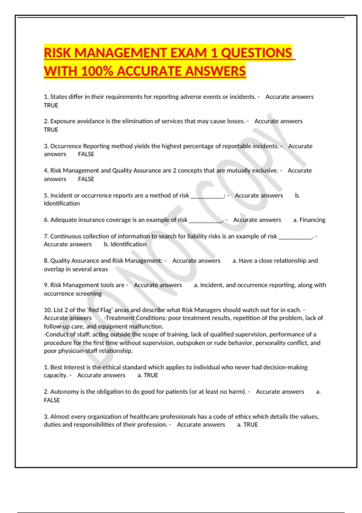 RISK MANAGEMENT EXAM 1 QUESTIONS WITH 100% ACCURATE ANSWERS - Cphrm ...