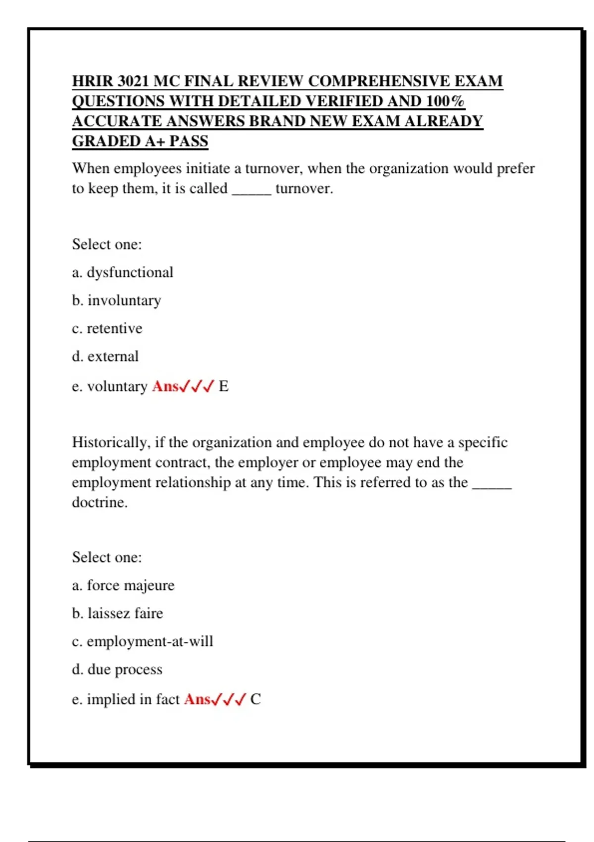 HRIR 3021 MC FINAL REVIEW COMPREHENSIVE EXAM QUESTIONS WITH DETAILED ...