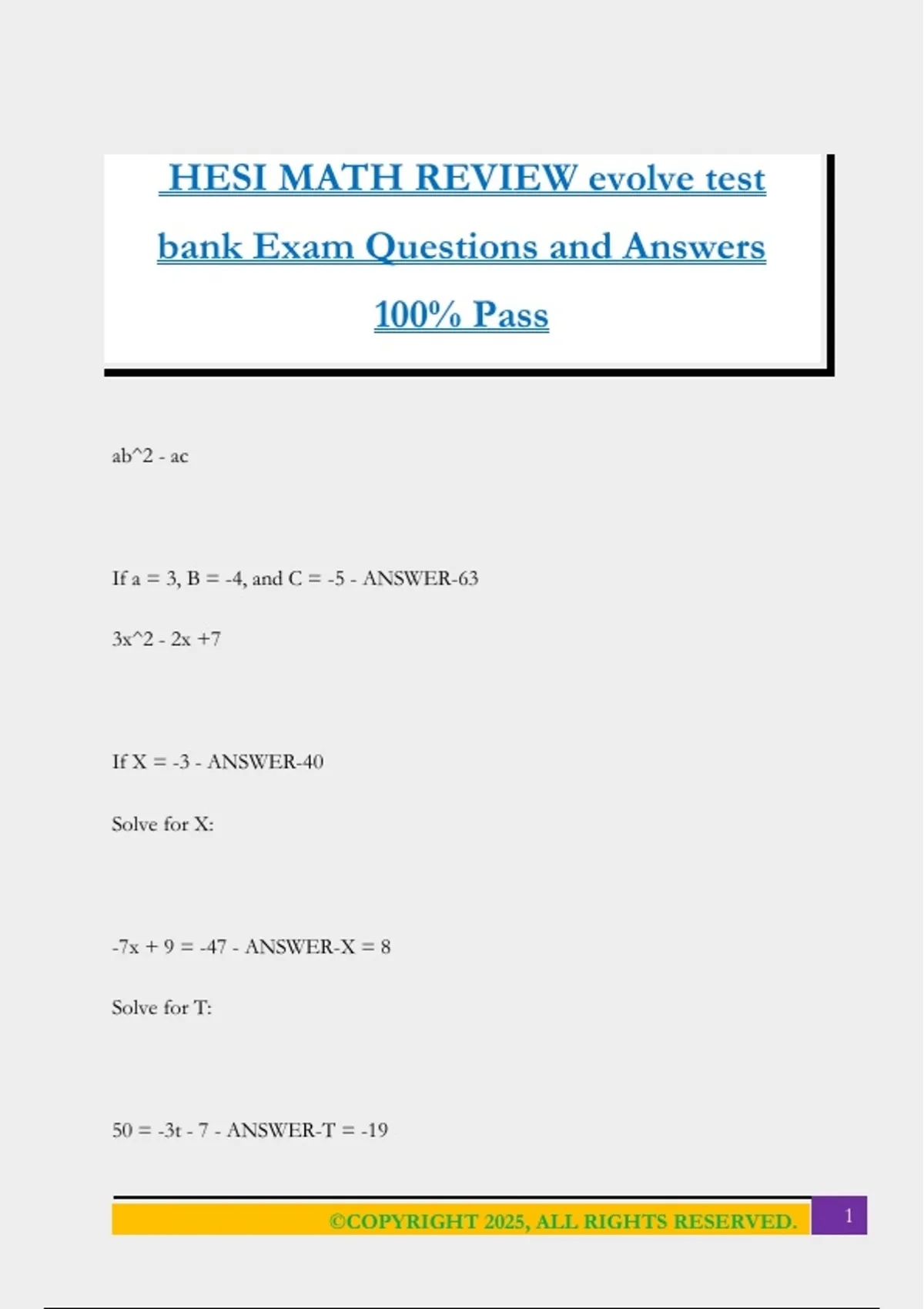 HESI A2 Math Bundled Exams Questions and Answers 100% Pass |Verified ...