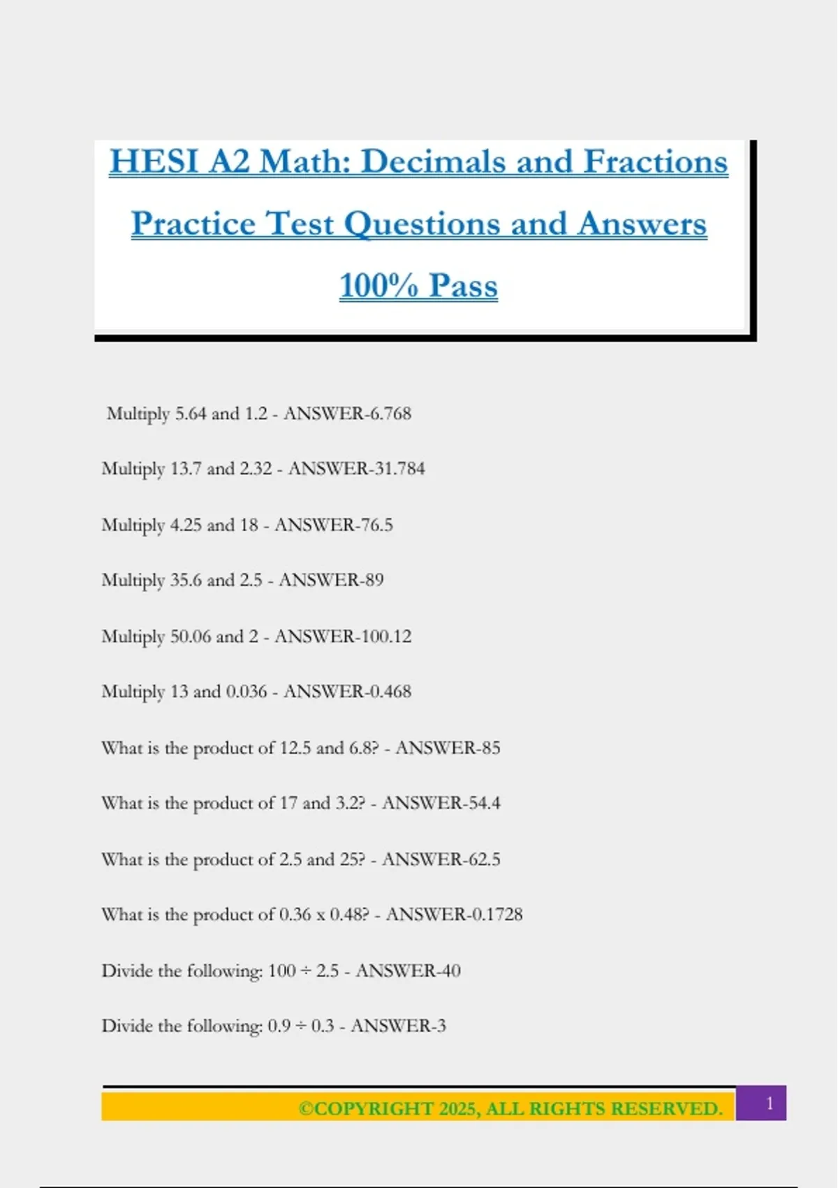 HESI A2 Math: Decimals and Fractions Practice Test Questions and ...