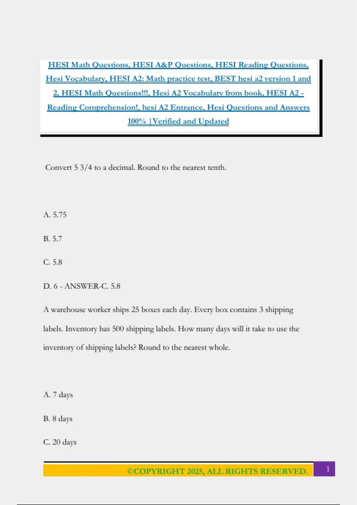 HESI Math Questions, HESI A&P Questions, HESI Reading Questions, Hesi ...