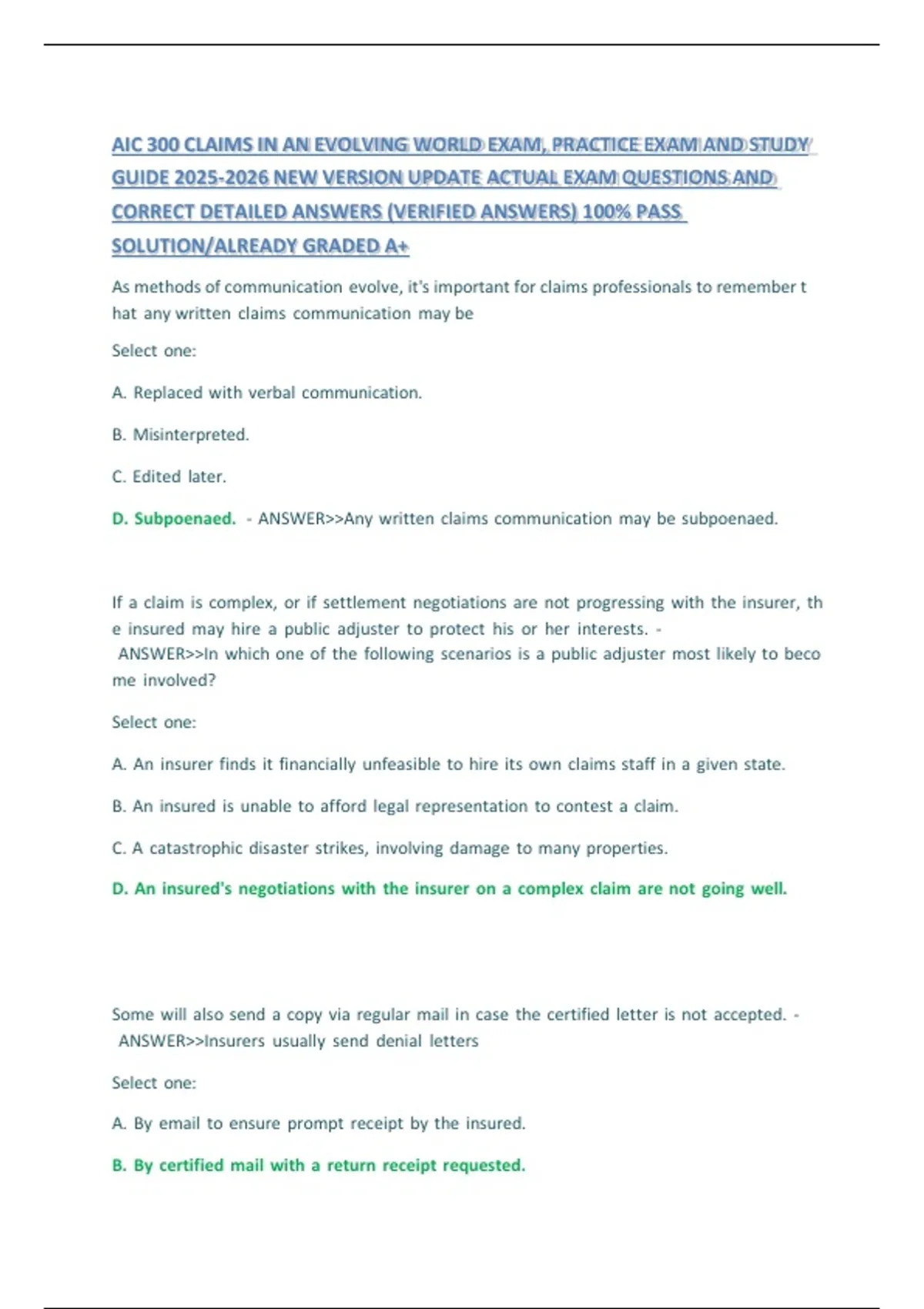 AIC 300 CLAIMS IN AN EVOLVING WORLD EXAM, PRACTICE EXAM AND STUDY GUIDE ...