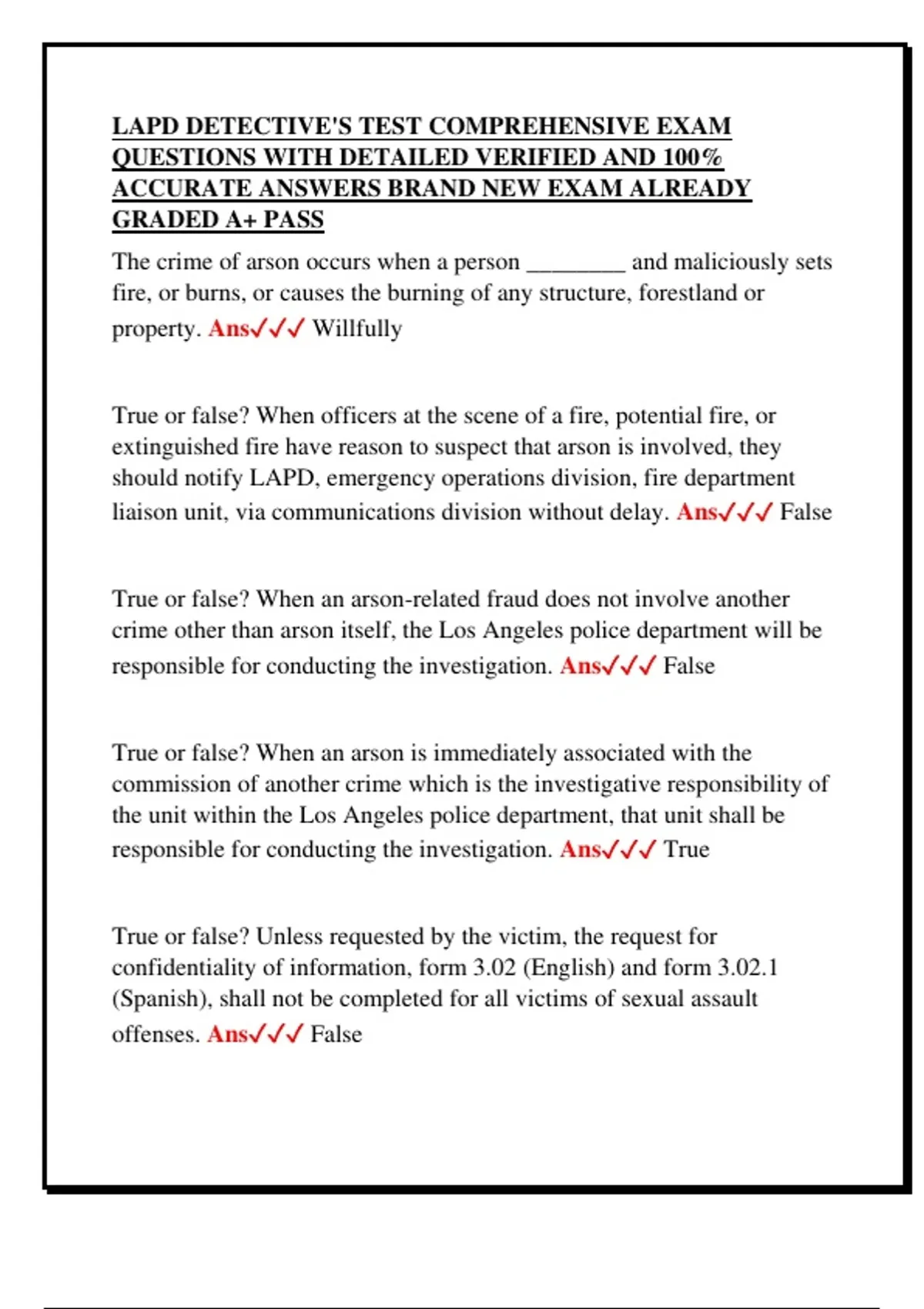 LAPD DETECTIVE'S TEST COMPREHENSIVE EXAM QUESTIONS WITH DETAILED ...