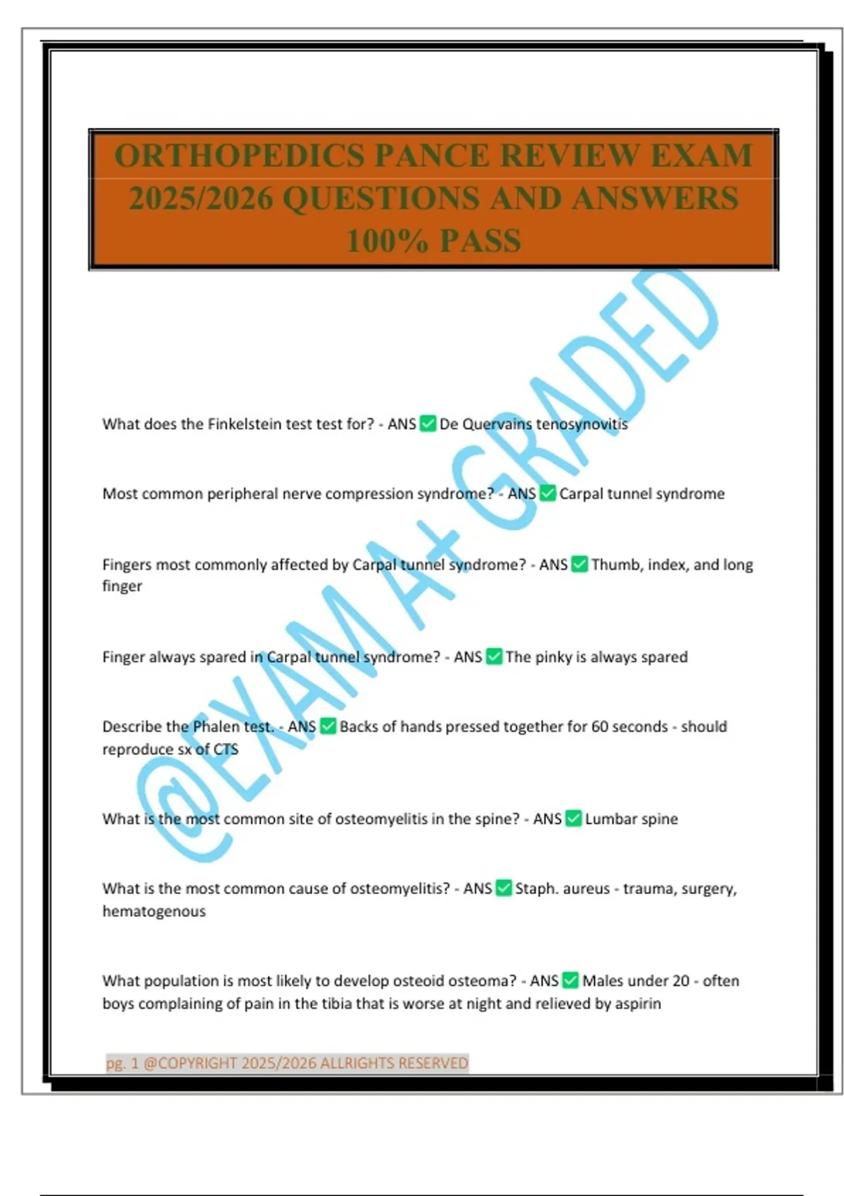 ORTHOPEDICS PANCE REVIEW EXAM 2025/2026 QUESTIONS AND ANSWERS 100% PASS ...