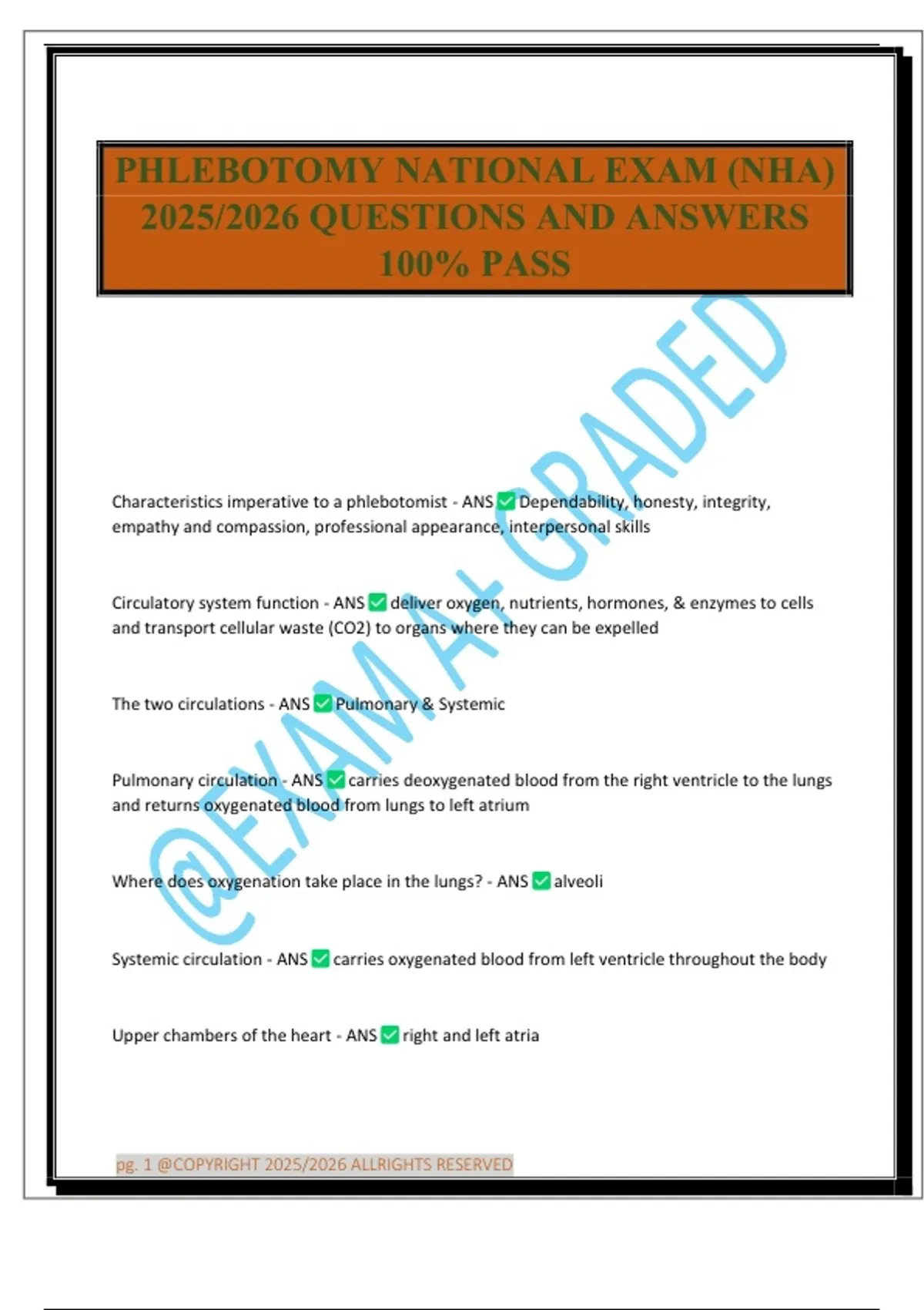 PHLEBOTOMY NATIONAL EXAM (NHA) 2025/2026 QUESTIONS AND ANSWERS 100% ...