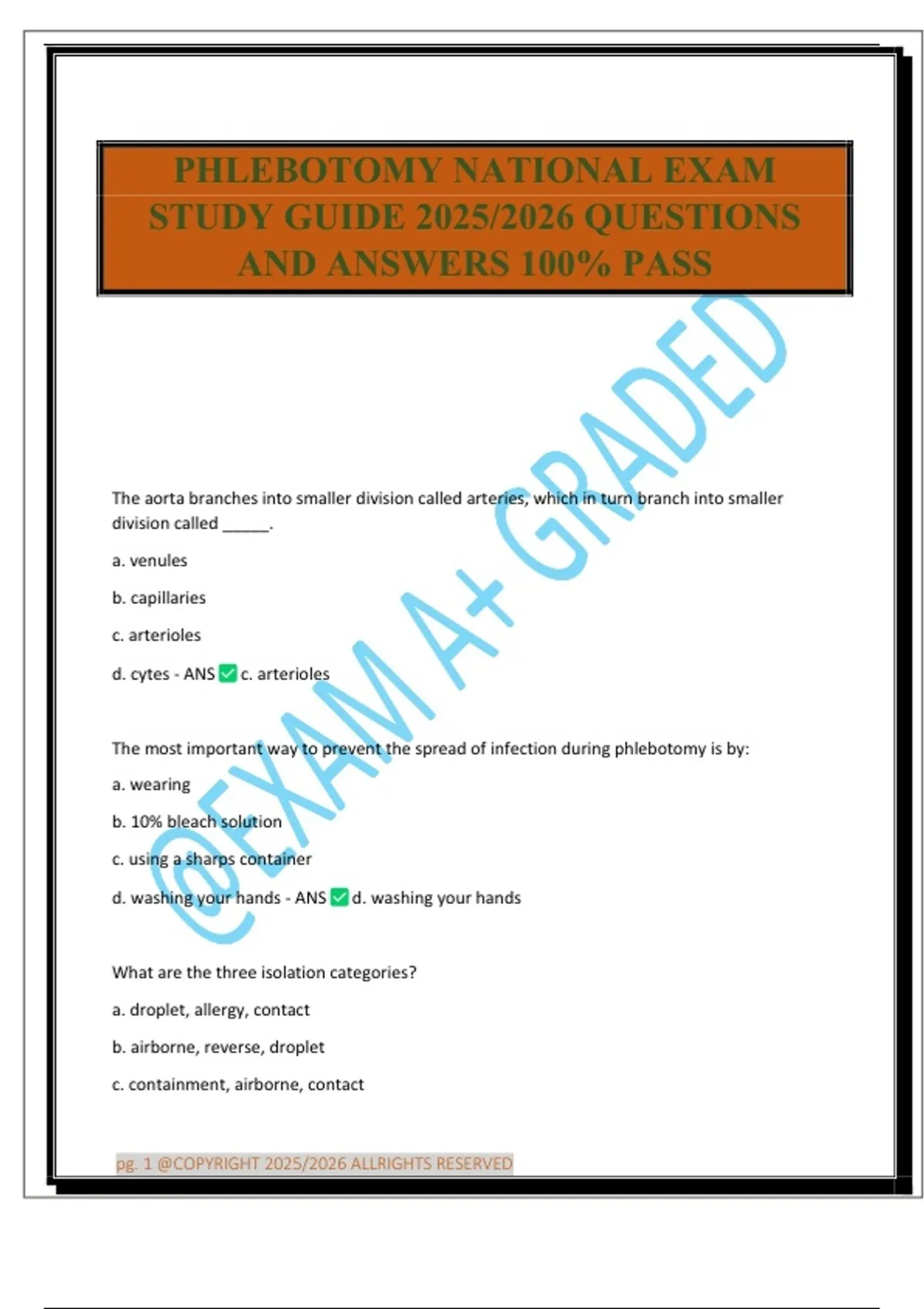 PHLEBOTOMY NATIONAL EXAM STUDY GUIDE 2025/2026 QUESTIONS AND ANSWERS ...