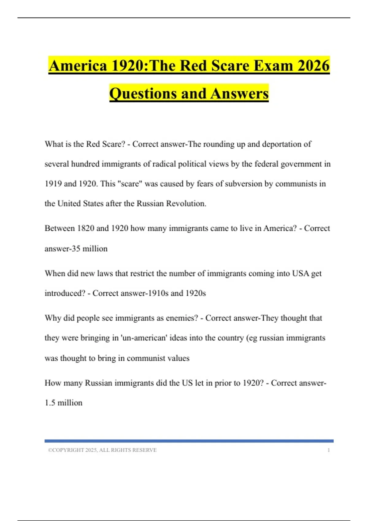 America 1920:The Red Scare Exam 2026 Questions and Answers - Red Scare ...