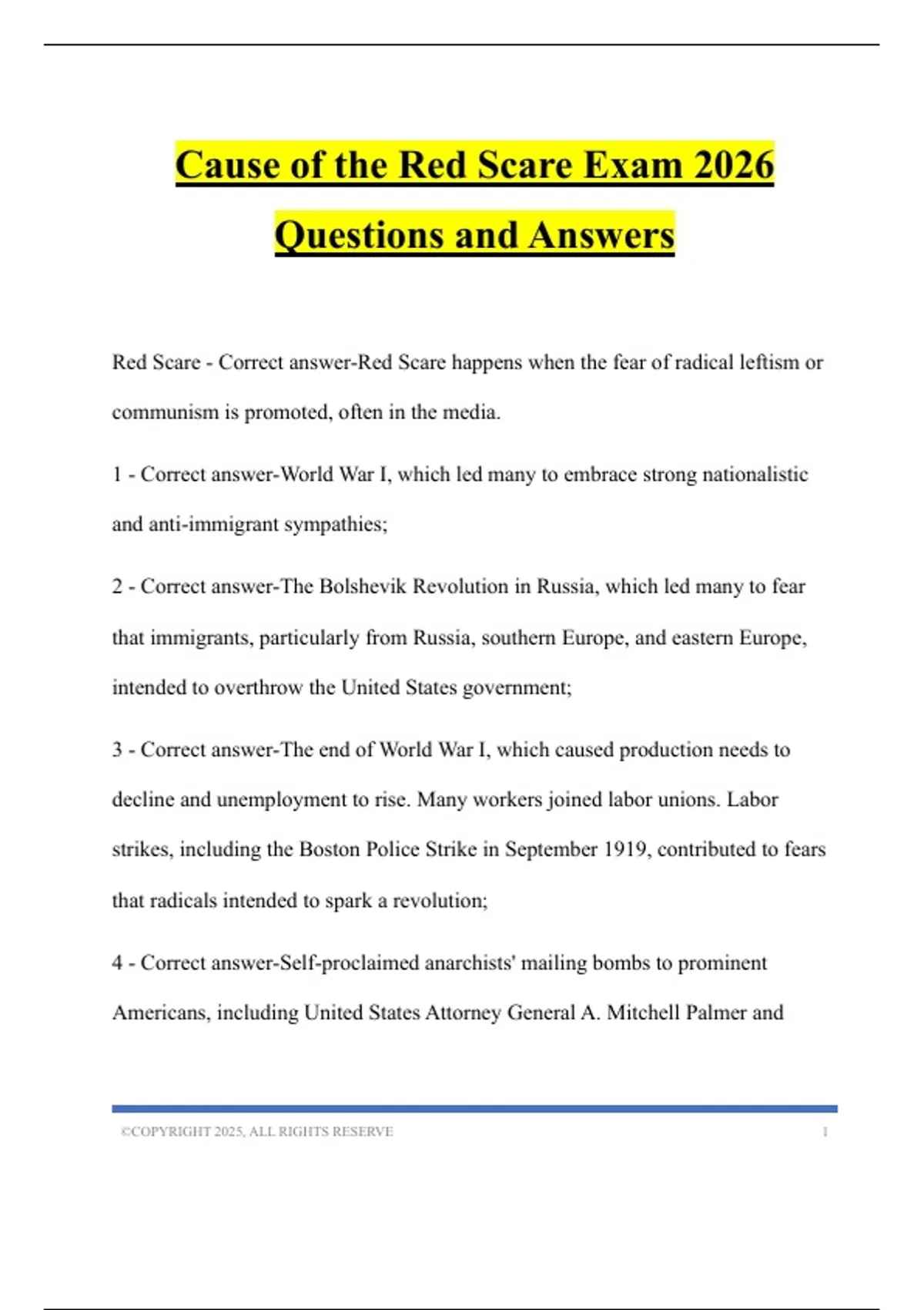 Cause of the Red Scare Exam 2026 Questions and Answers - Red Scare ...