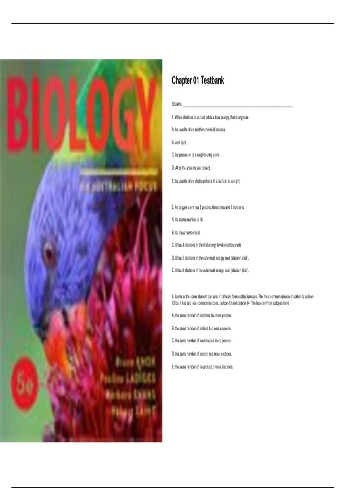 TEST BANK BIOLOGY AN AUSTRALIAN FOCUS BRUCE KNOX PAULINE LADIGES ...