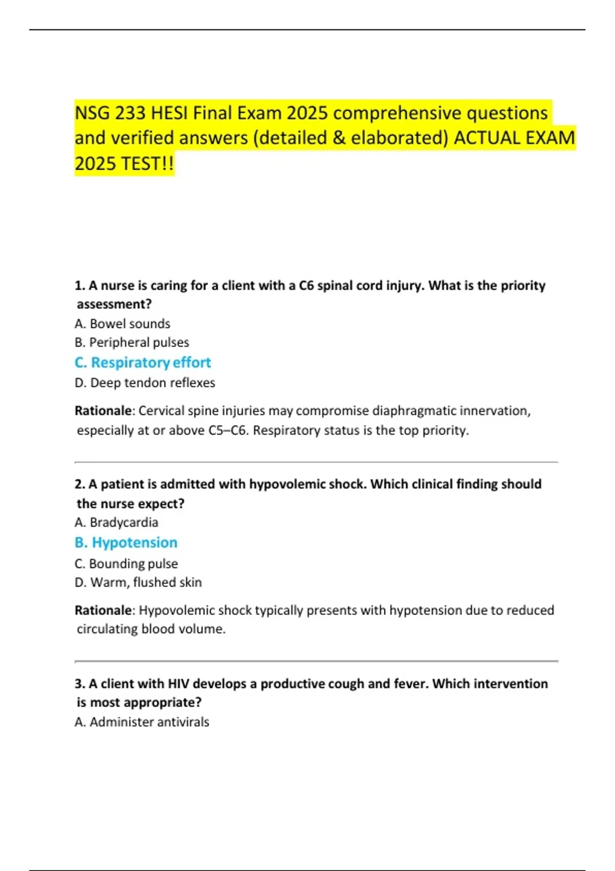 NSG 233 HESI Final Exam 2025 comprehensive questions and verified answers (detailed & elaborated ...