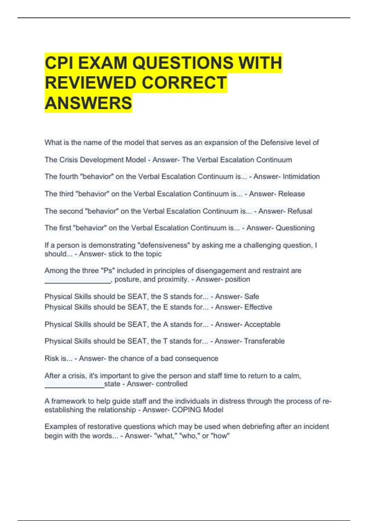 CPI EXAM QUESTIONS WITH REVIEWED CORRECT ANSWERS - CPI - Stuvia US