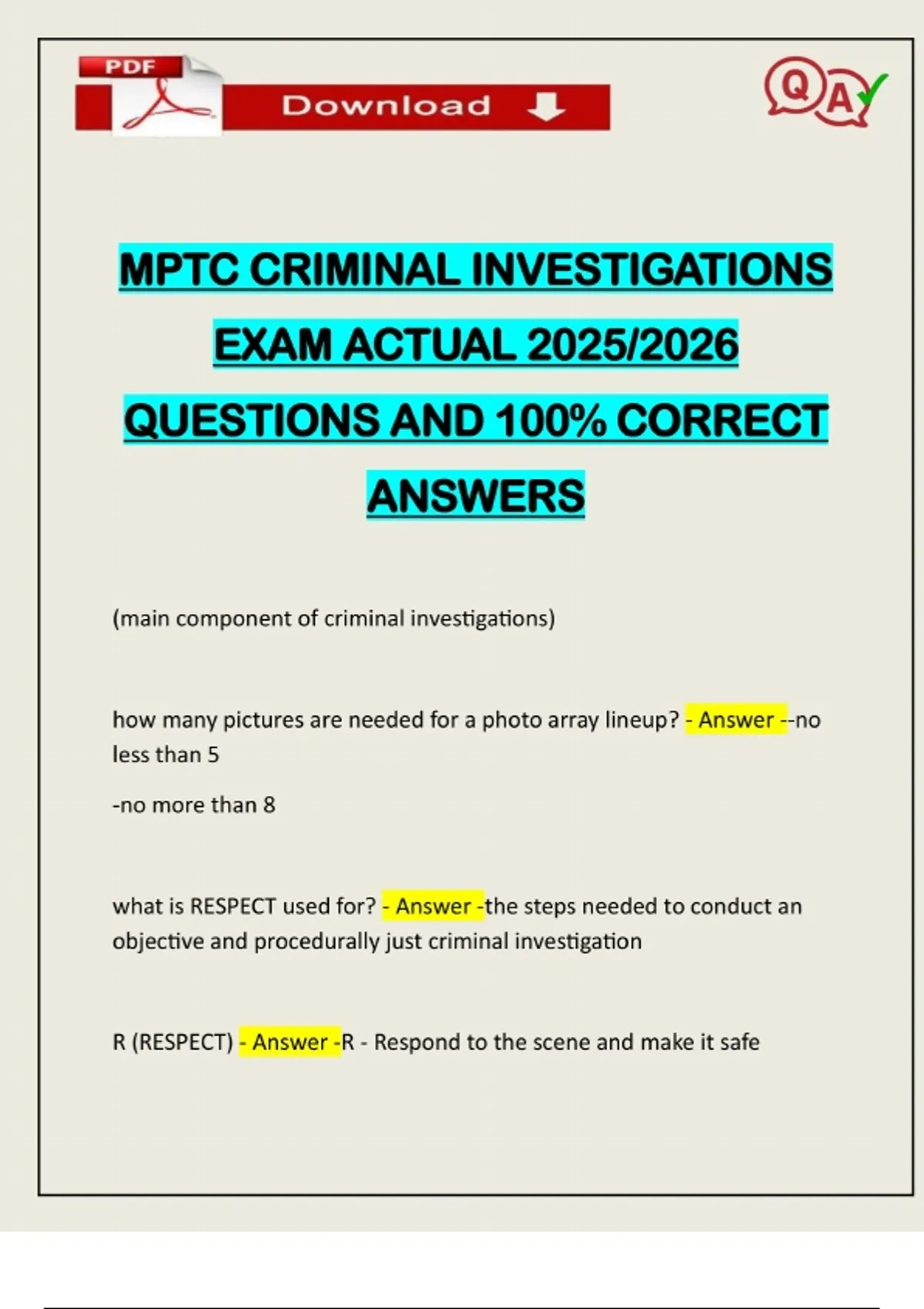 MPTC CRIMINAL INVESTIGATIONS EXAM ACTUAL 2025/2026 QUESTIONS AND 100% ...