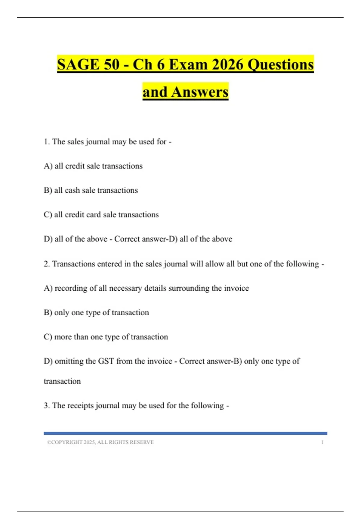 SAGE 50 - Ch 6 Exam 2026 Questions and Answers - Sage 50 - Ch. 1 ...