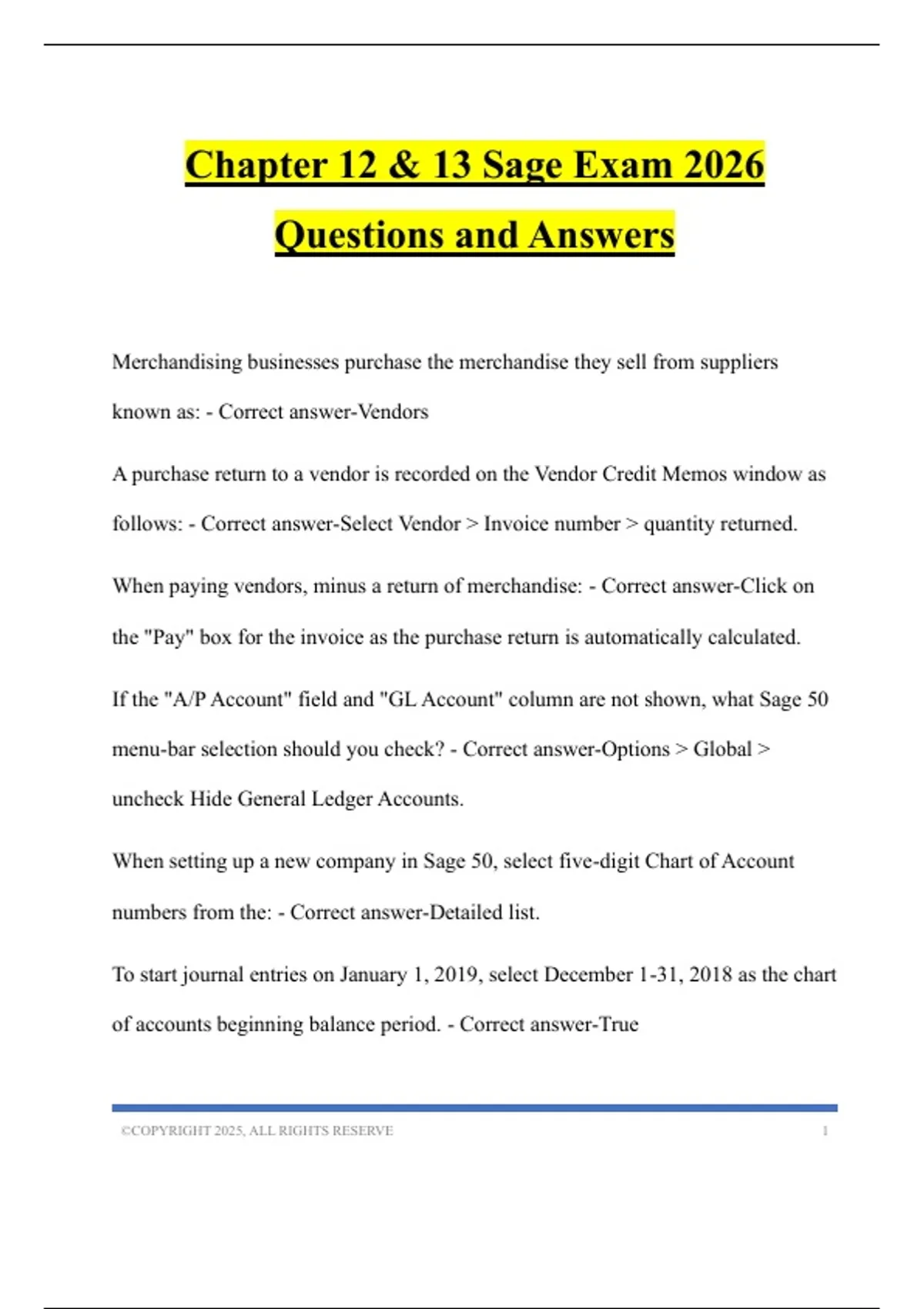 Chapter 12 & 13 Sage Exam 2026 Questions and Answers - Sage 50 - Ch. 1 ...