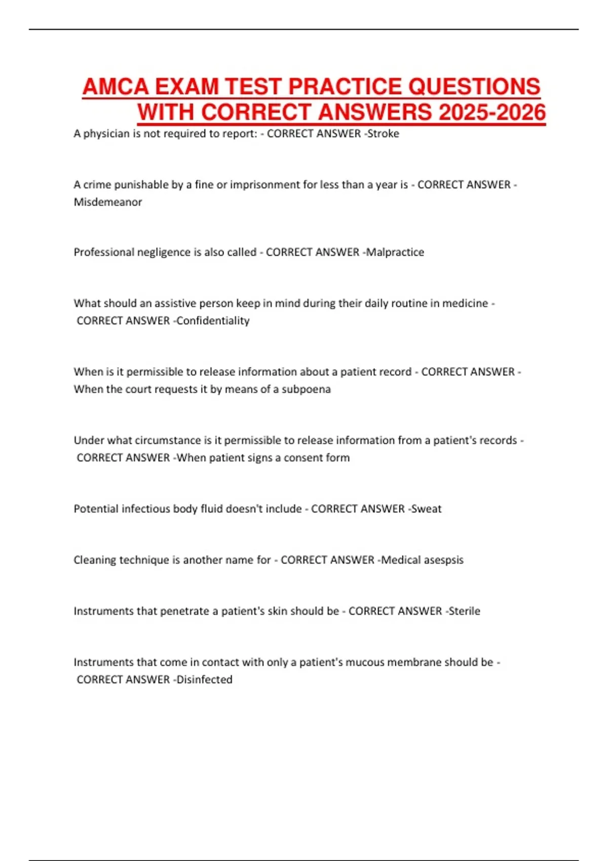 AMCA EXAM TEST PRACTICE QUESTIONS WITH CORRECT ANSWERS - AMCA - Stuvia US