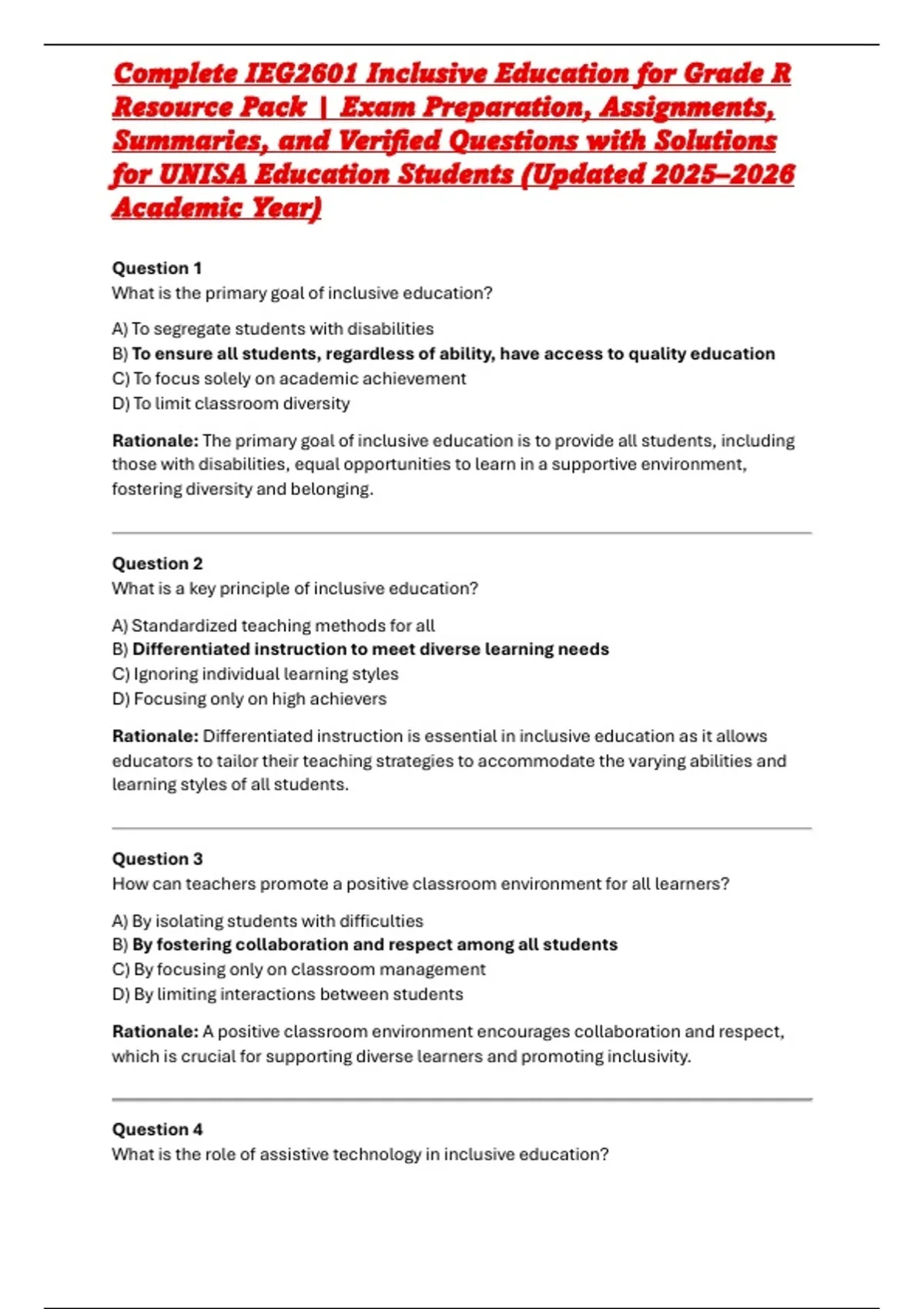 Complete IEG2601 Inclusive Education for Grade R Resource Pack | Exam ...