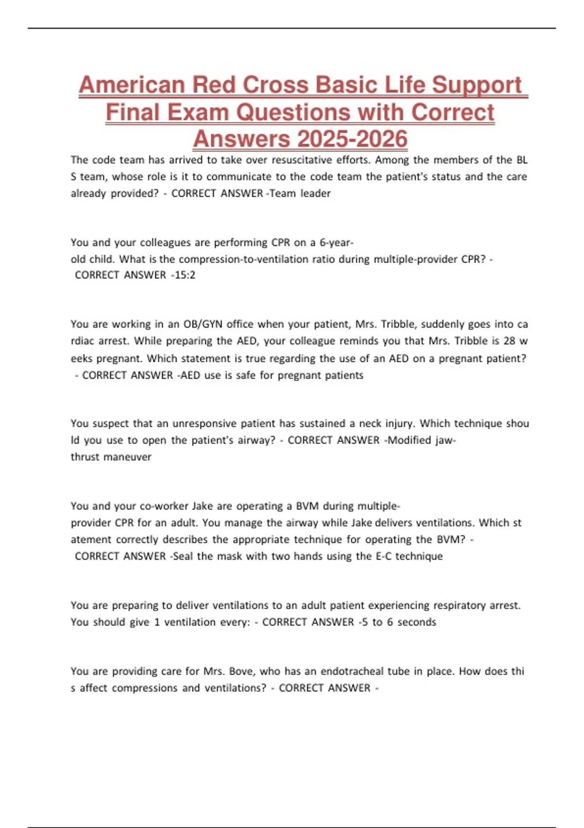 American Red Cross Basic Life Support Final Exam Questions with Correct ...