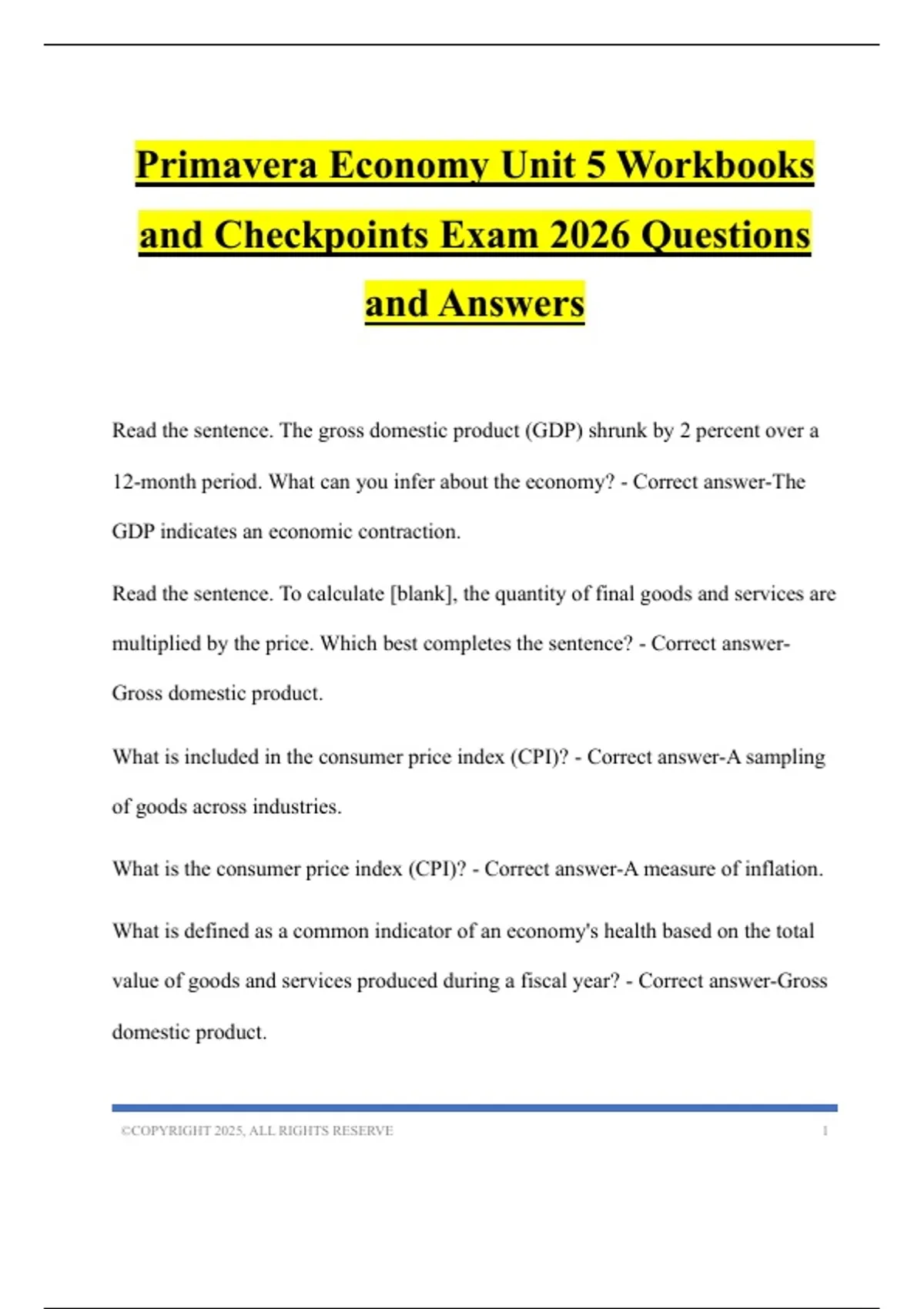 Primavera Economy Unit 5 Workbooks and Checkpoints Exam 2026 Questions ...