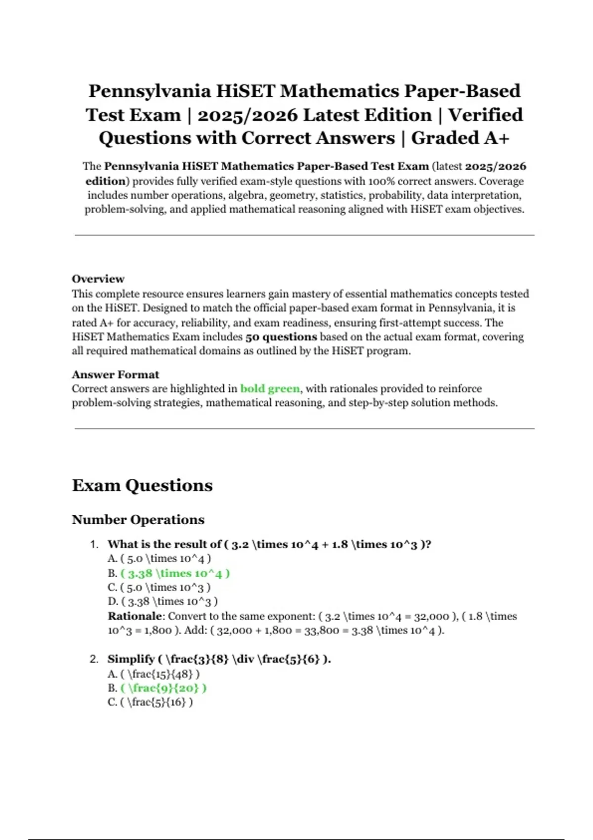 Pennsylvania HiSET Mathematics Paper-Based Test Exam – 2025/2026 ...