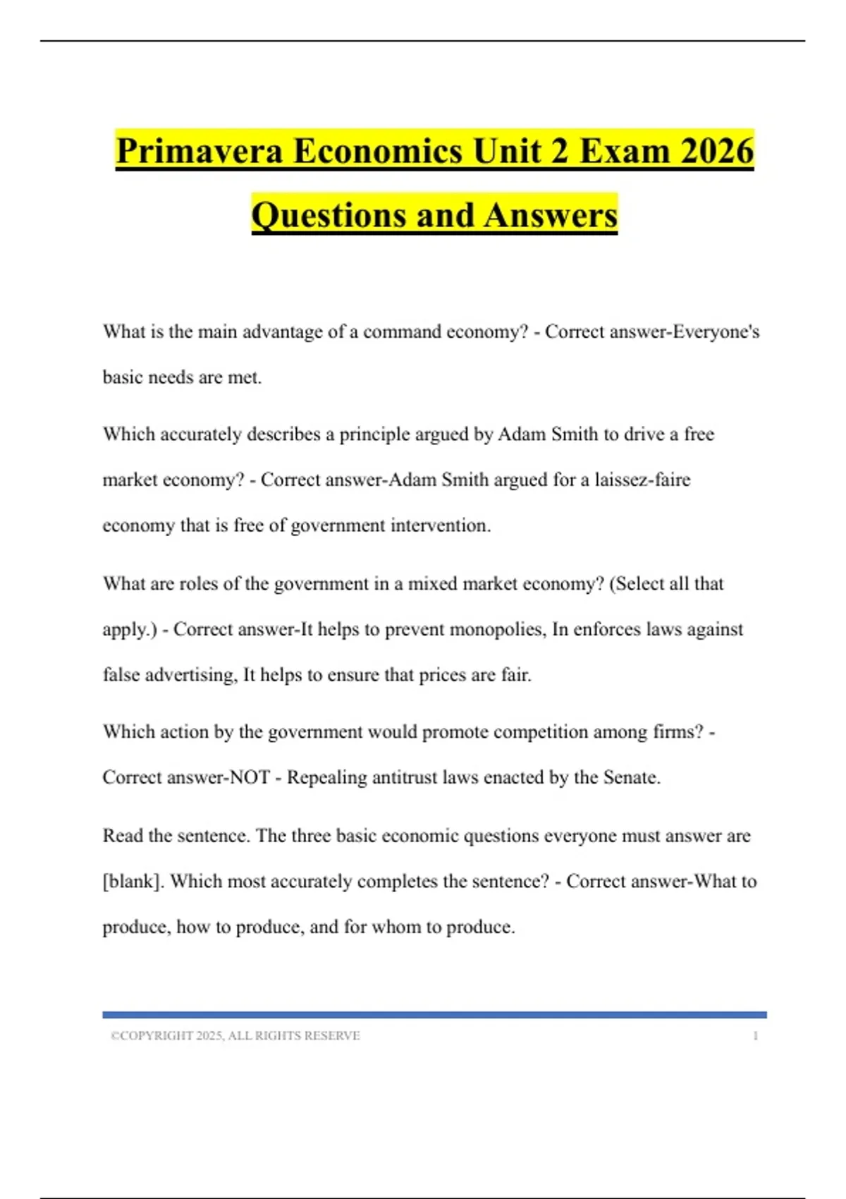Primavera Economics Unit 2 Exam 2026 Questions and Answers - Primavera ...