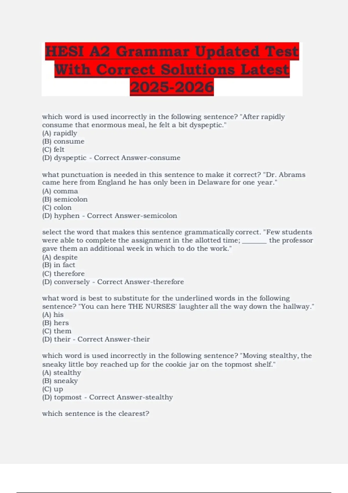 HESI A2 Grammar Updated Test with Correct Solutions (Latest 2025–2026 ...