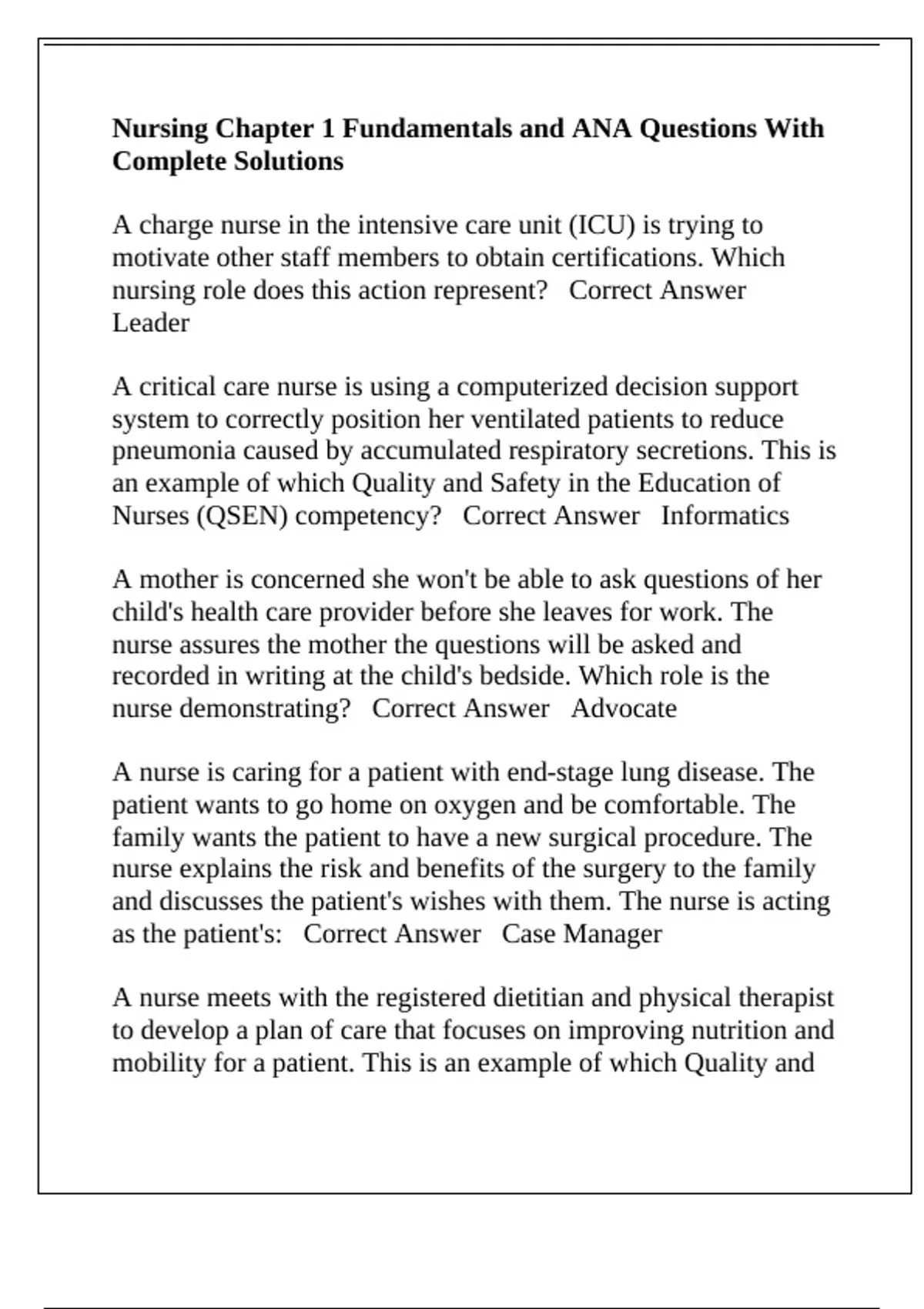 Nursing Chapter 1 Fundamentals and ANA Questions With Complete ...