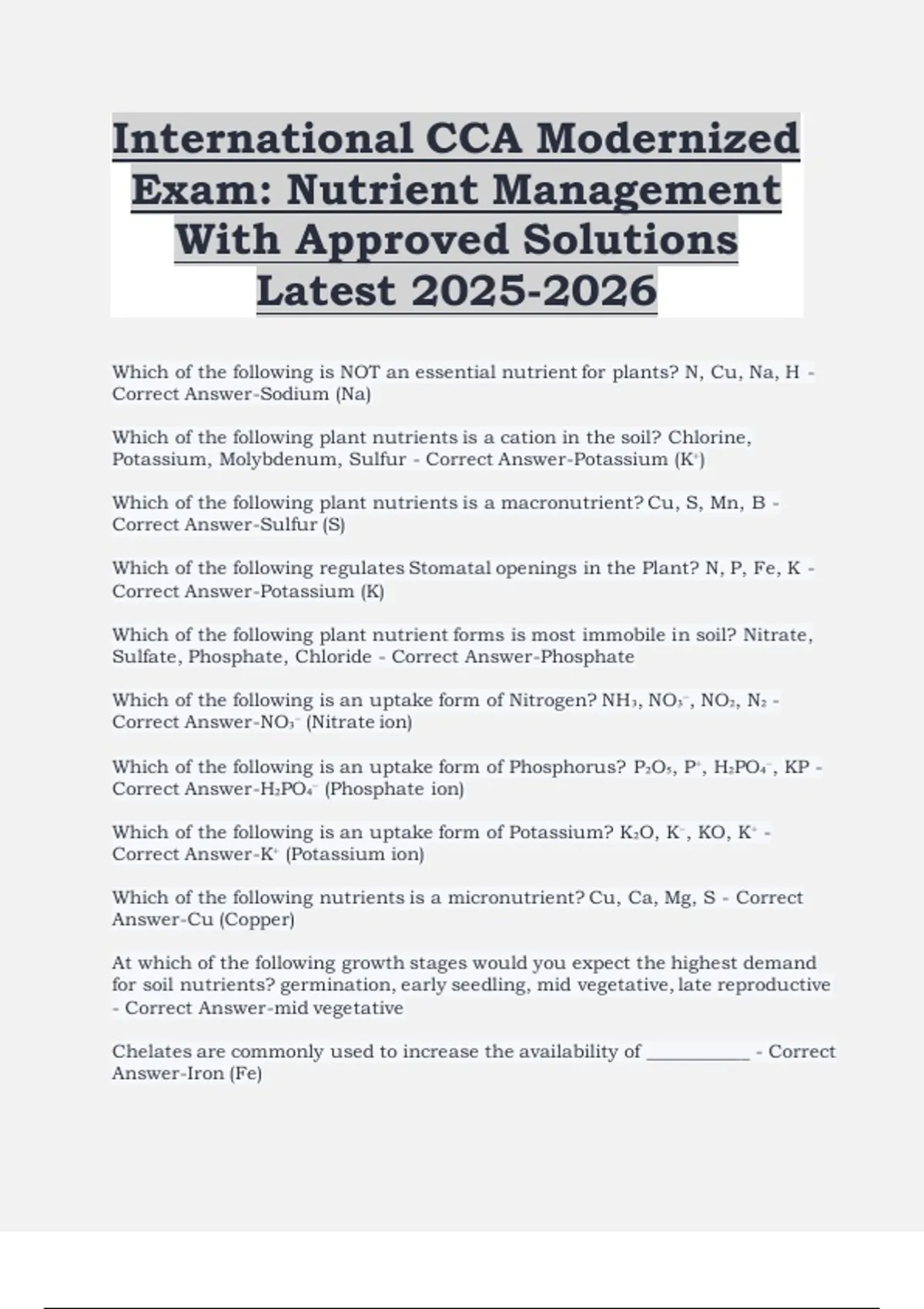 International CCA Modernized Exam: Nutrient Management with Approved ...