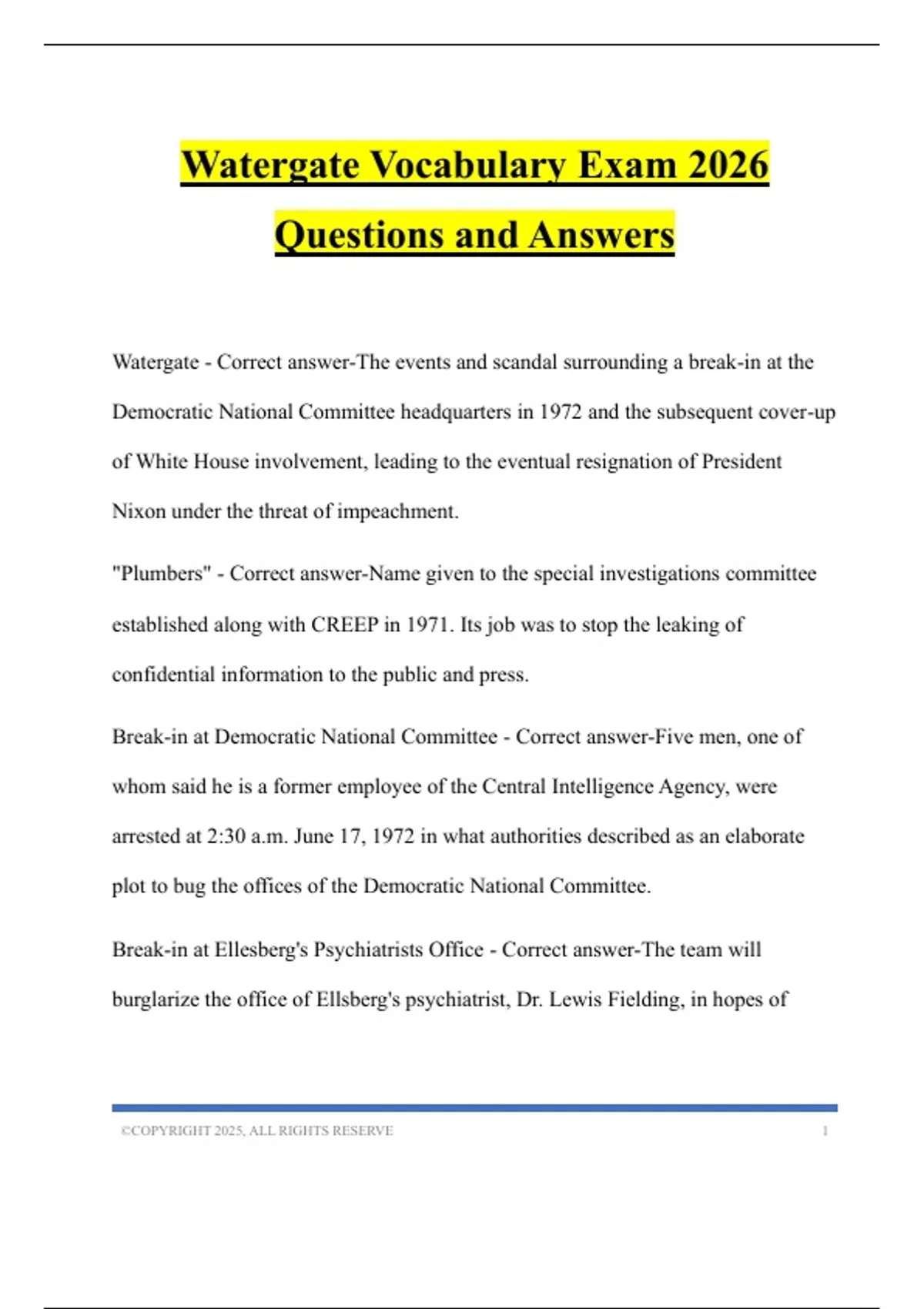 Watergate Vocabulary Exam 2026 Questions and Answers - The Ford and ...