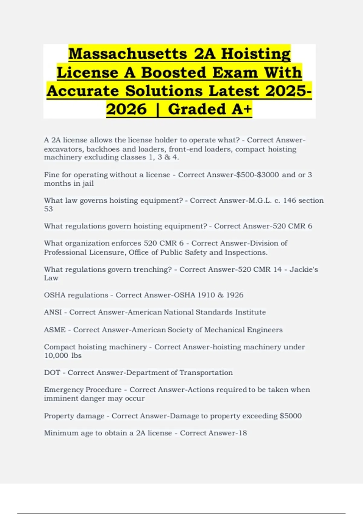 Massachusetts 2A Hoisting License Boosted Exam with Accurate Solutions ...