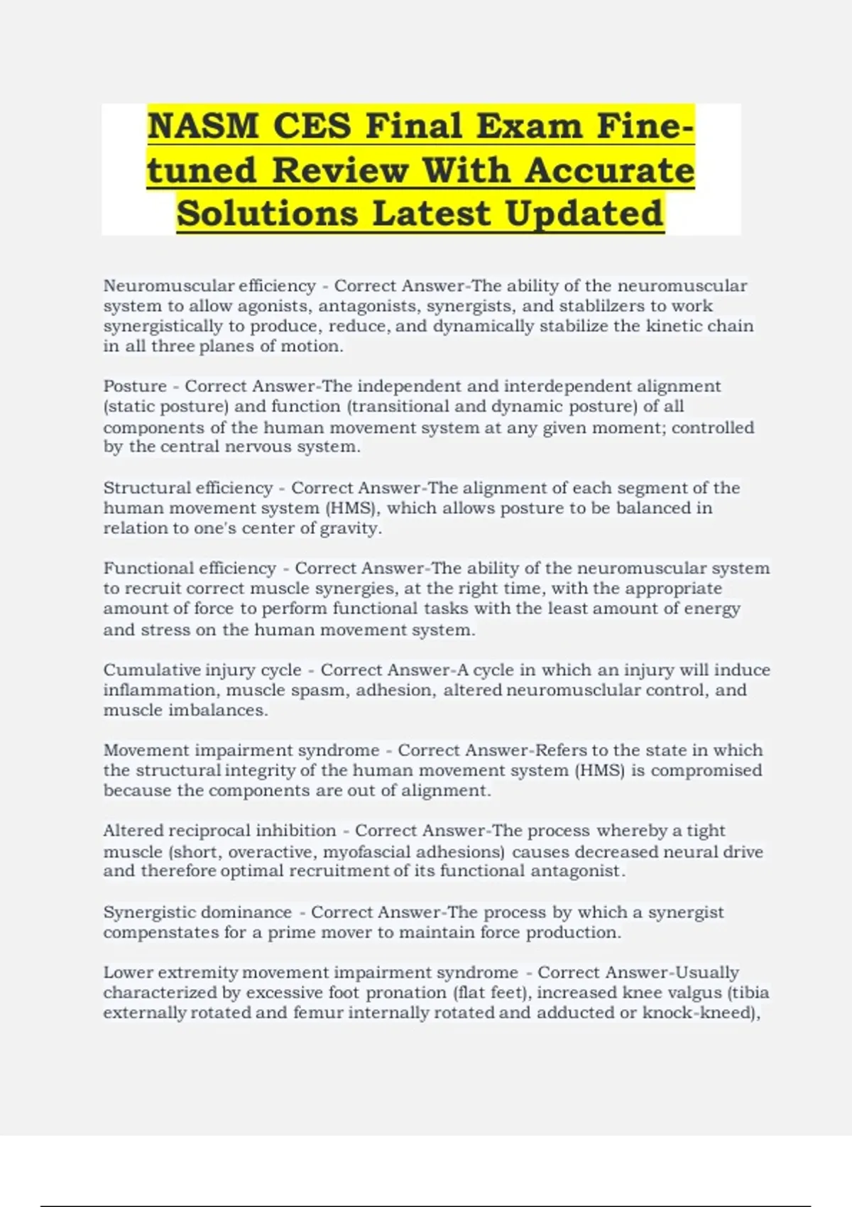 NASM CES Final Exam Fine-Tuned Review with Accurate Solutions (Latest ...