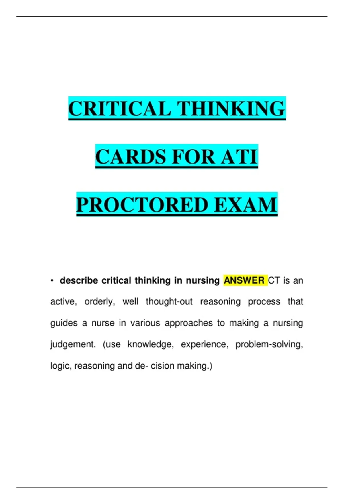 Critical Thinking Cards for ATI Proctored Exam - Critical Thinking ...