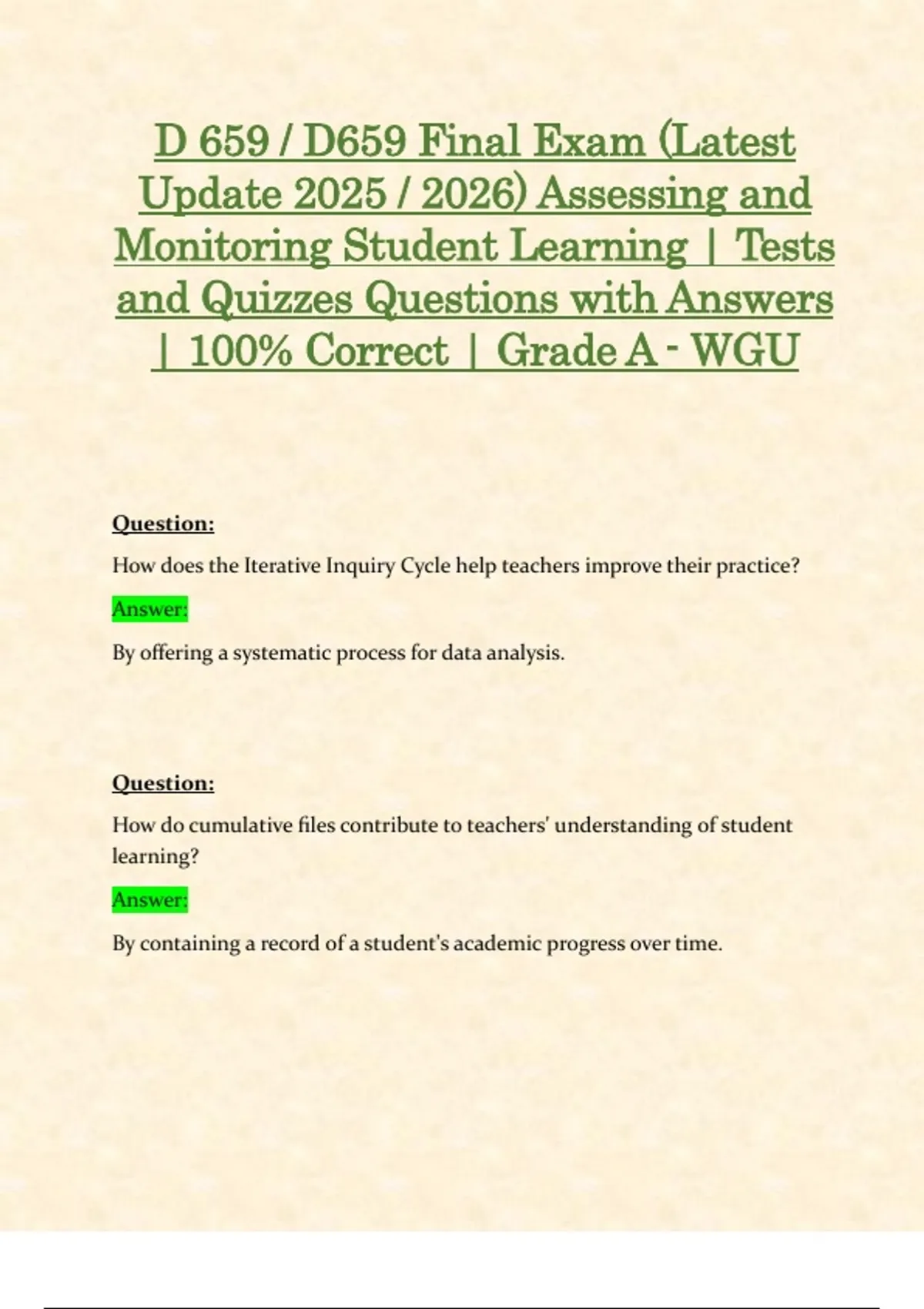D 659 D659 Final Exam Latest Update 2025 2026 Assessing And