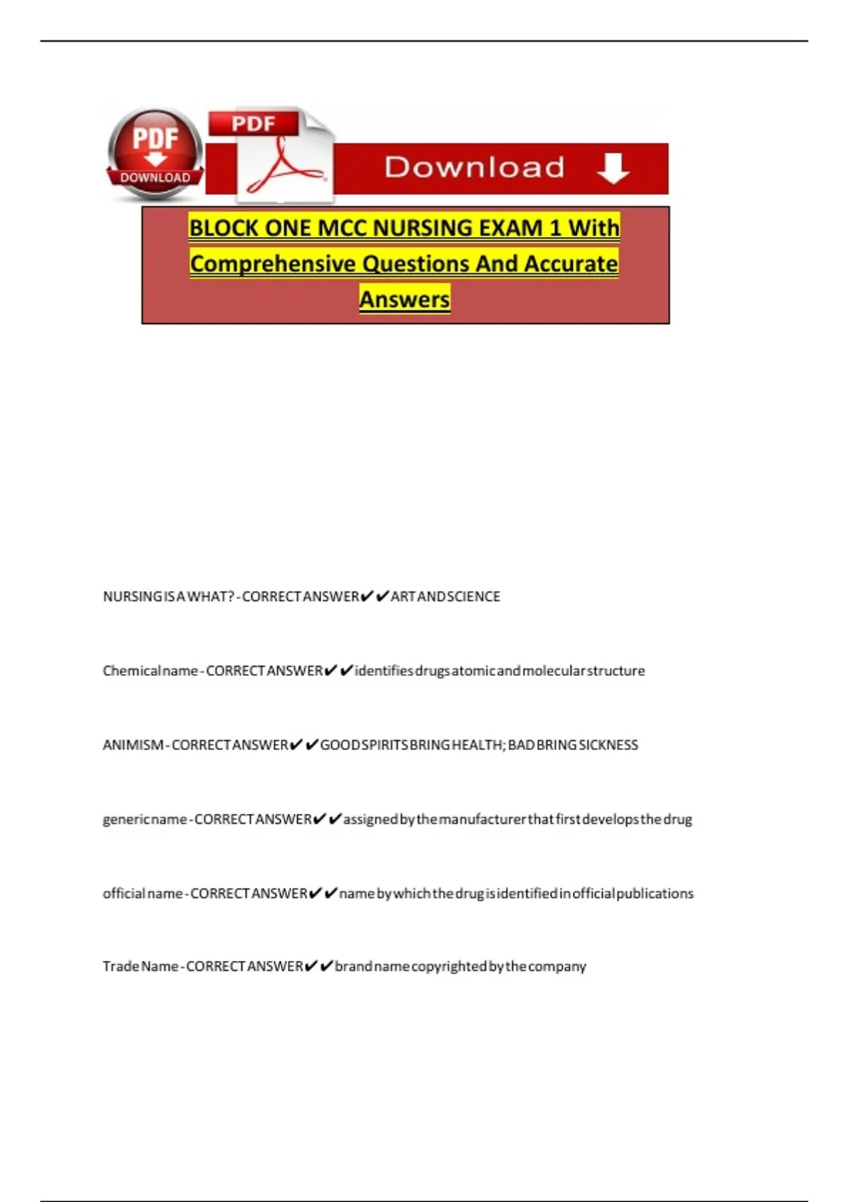 ***INSTANT DOWNLOAD***BLOCK ONE MCC NURSING EXAM 1 With Comprehensive ...